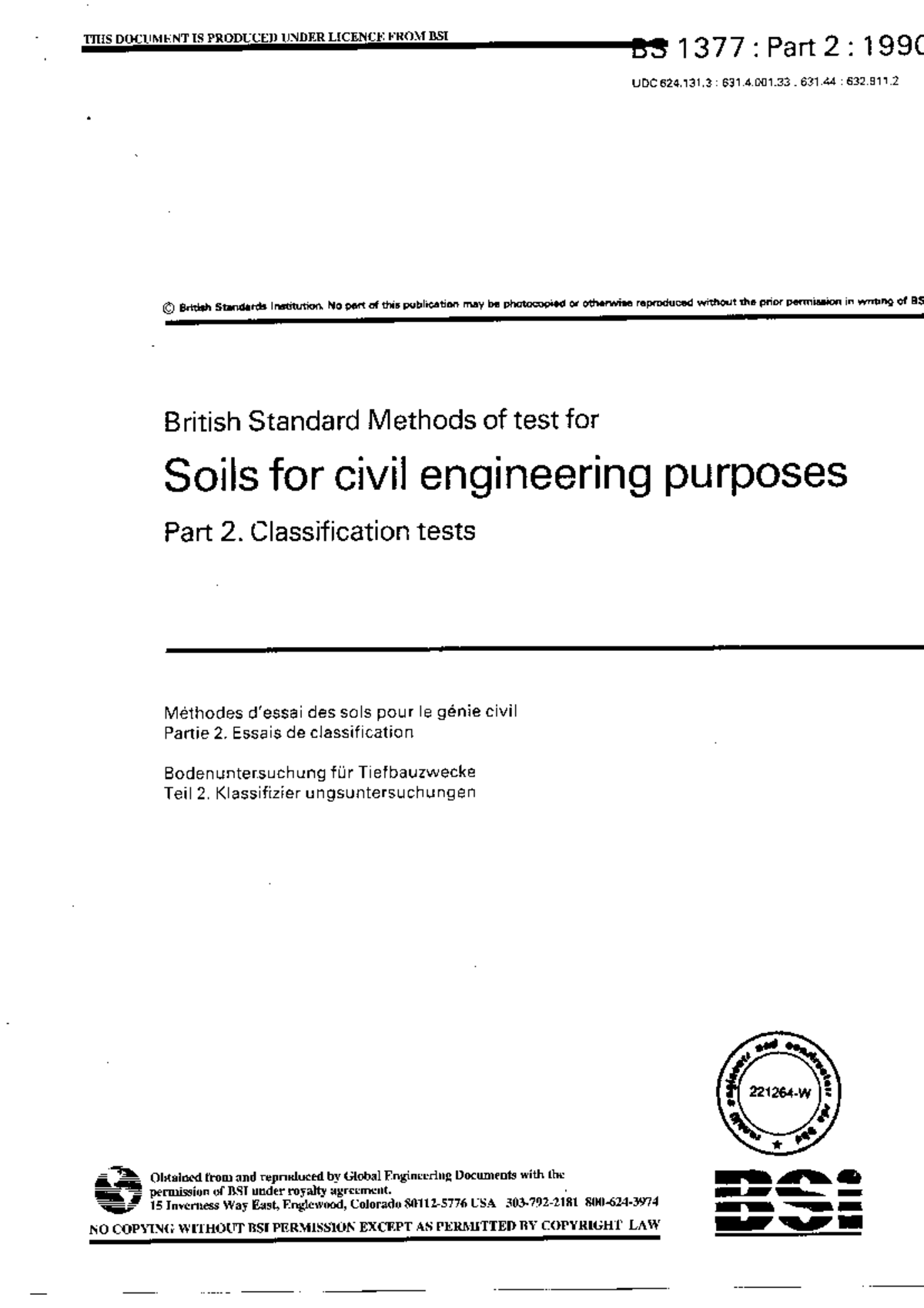 BS 1377-2;1990 Methods of test for Soils for civil engineering purposes ...