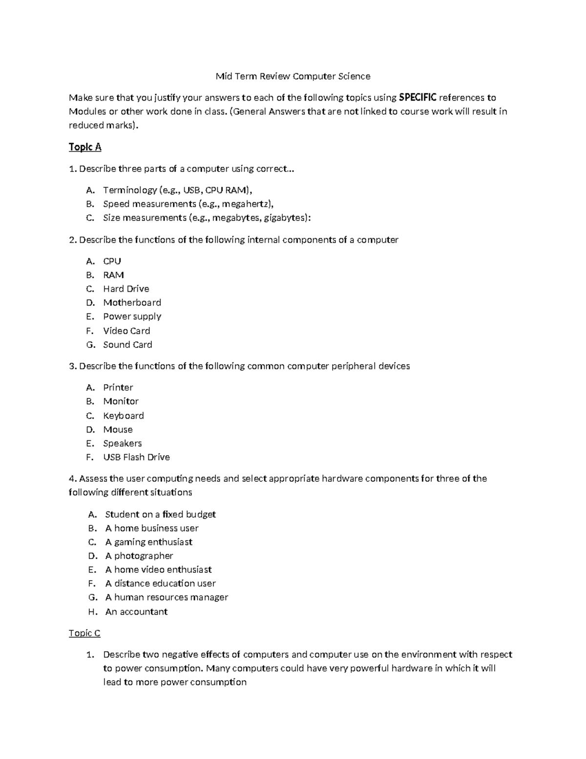 Mid Term Review Computer Science - (General Answers that are not linked ...