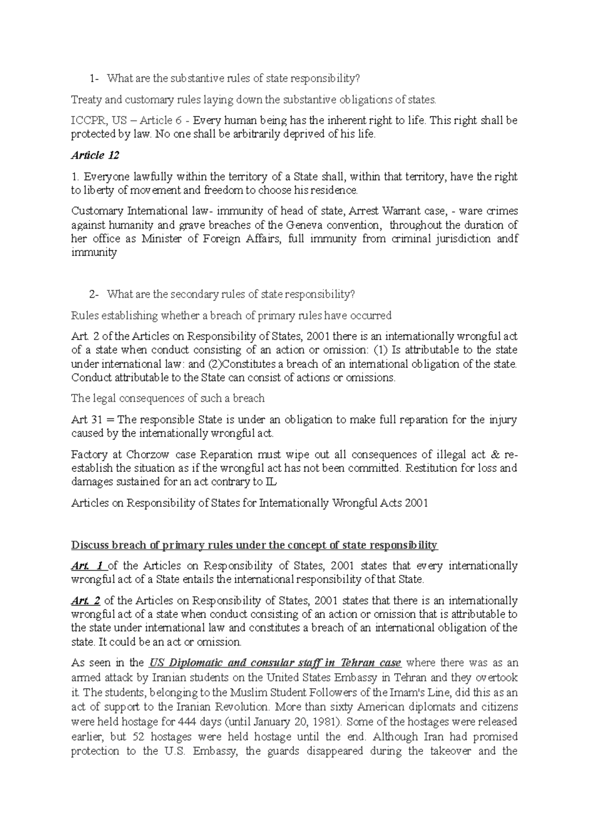 State Responsibility Notes - 1- What are the substantive rules of state ...