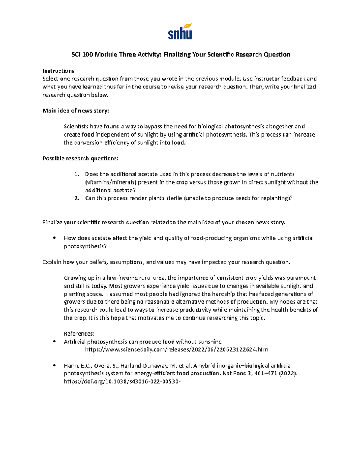 SCI 100 Module Three Activity - Use instructor feedback and what you ...