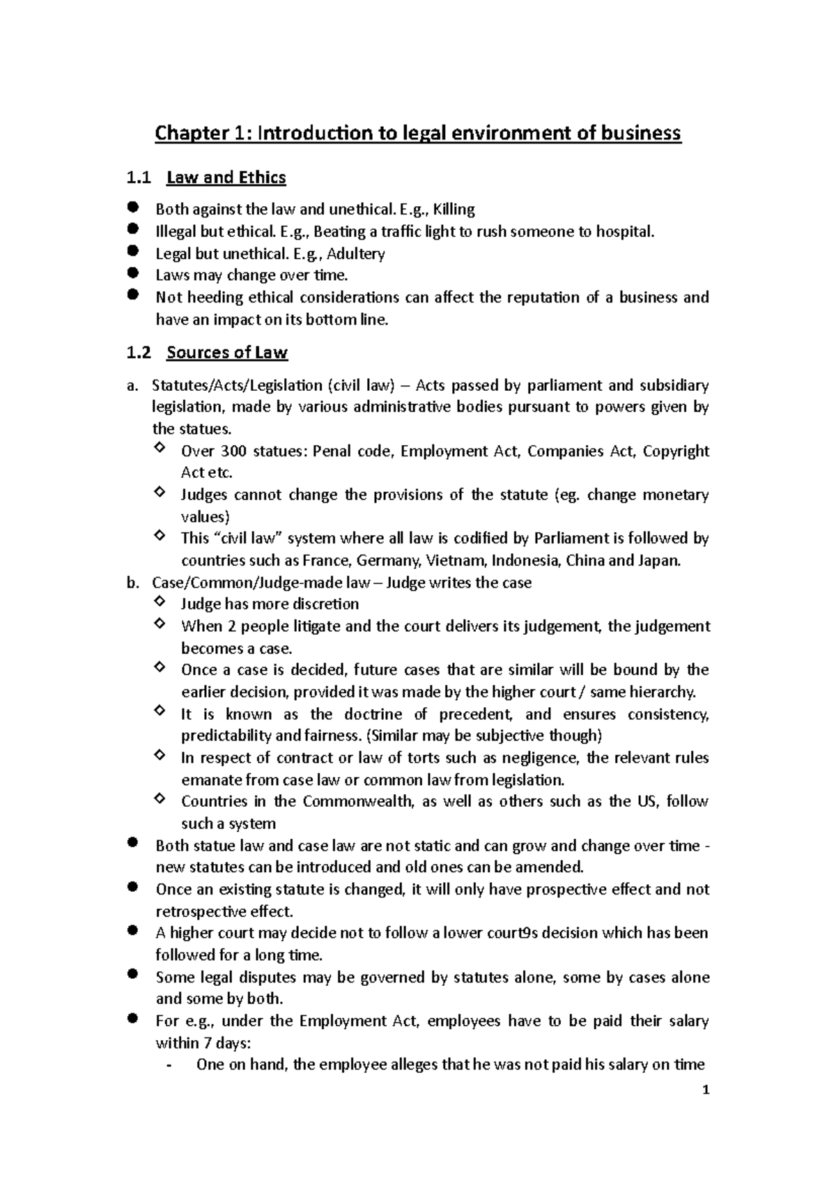 Business Law summary note by myself - Chapter 1: Introduction to legal ...