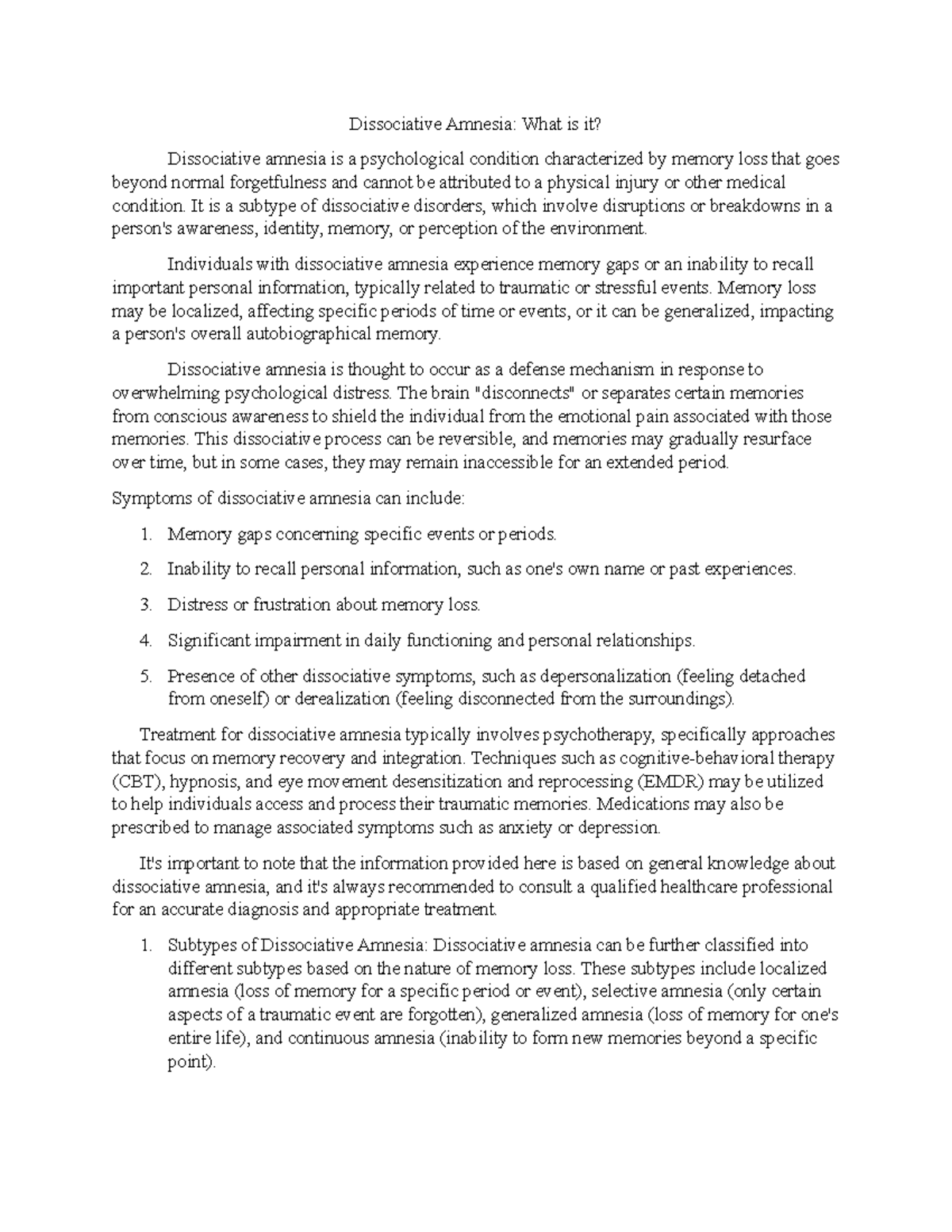 Dissociative Amnesia - Short essay for psychology course ...