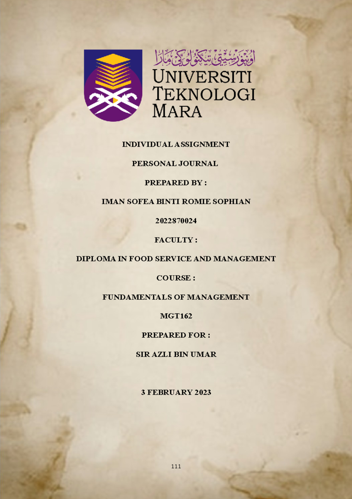 Individul Assginment MGT162 IMAN Sofea - INDIVIDUAL ASSIGNMENT PERSONAL ...