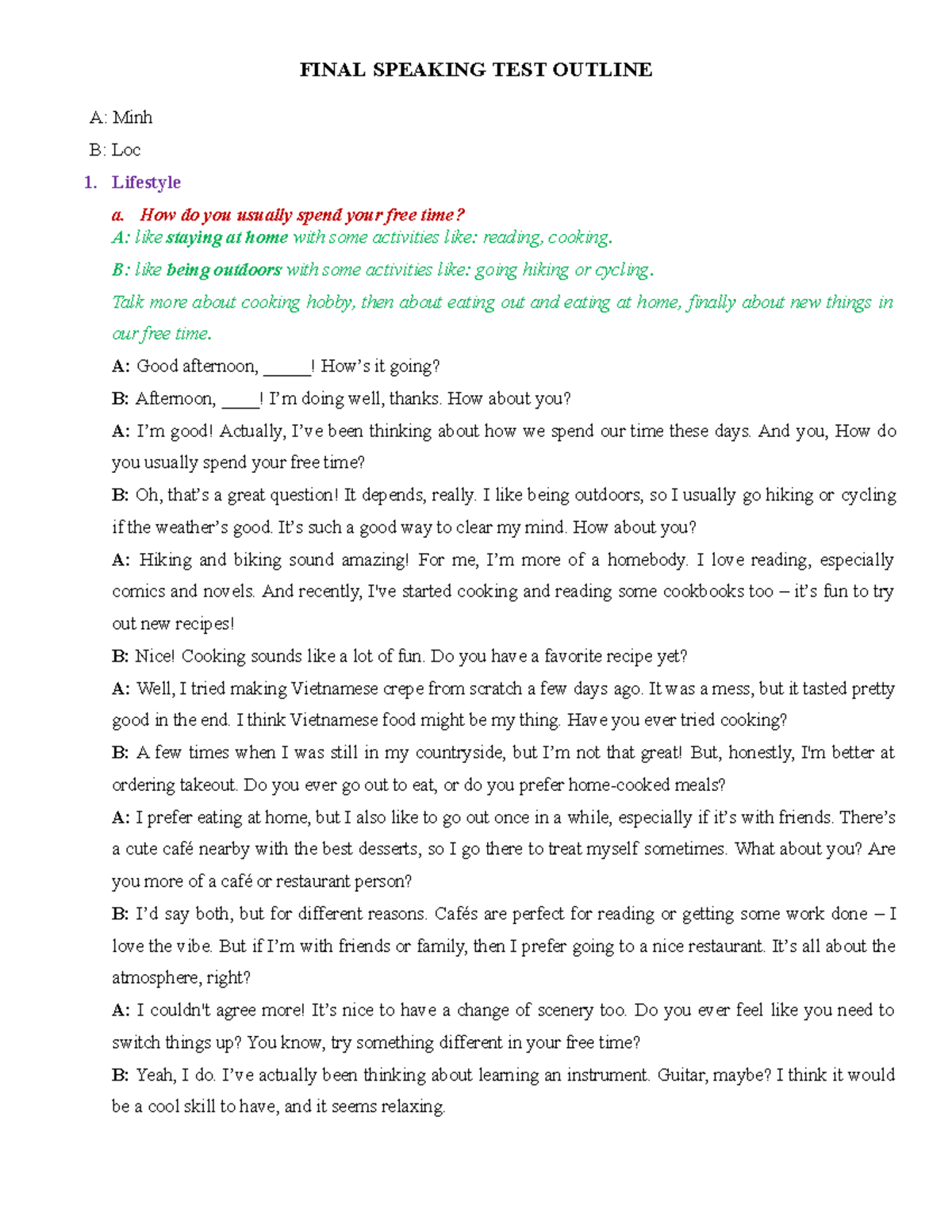 Final Speaking Test Outline - FINAL SPEAKING TEST OUTLINE A: Minh B ...