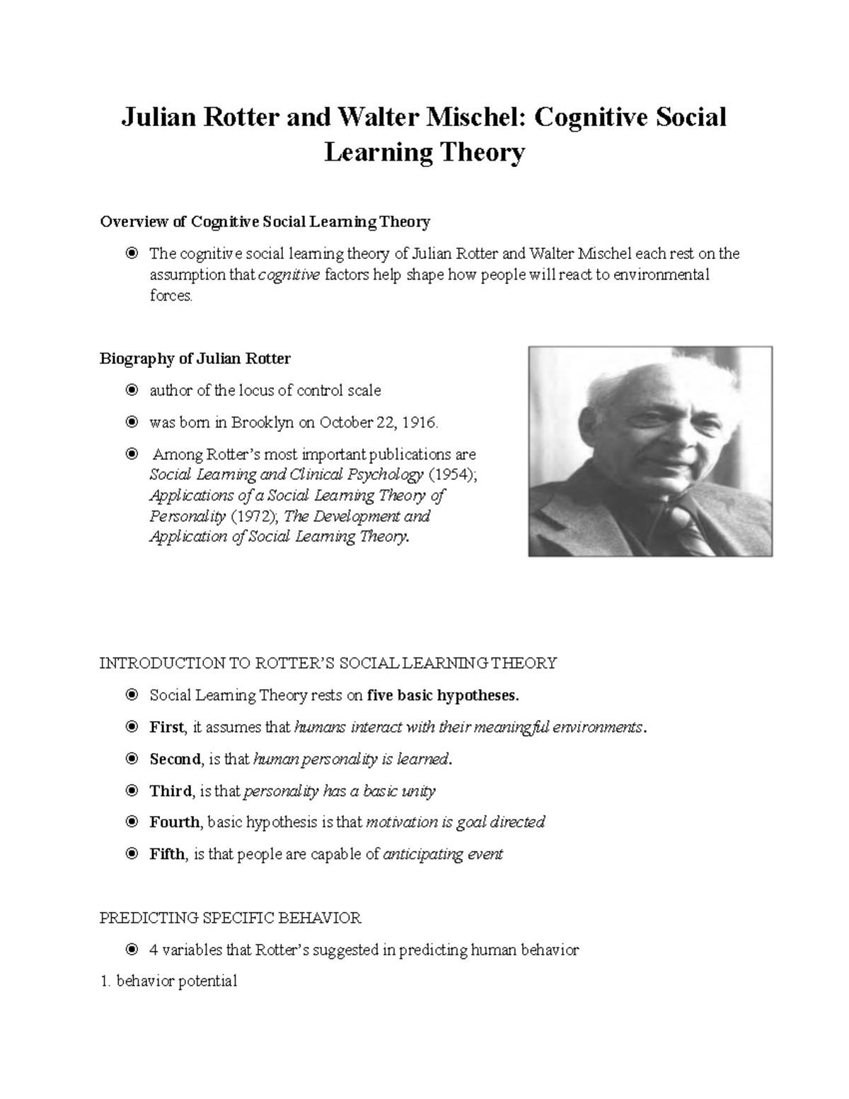 Cognitve Learning Theory - Julian Rotter and Walter Mischel: Cognitive ...