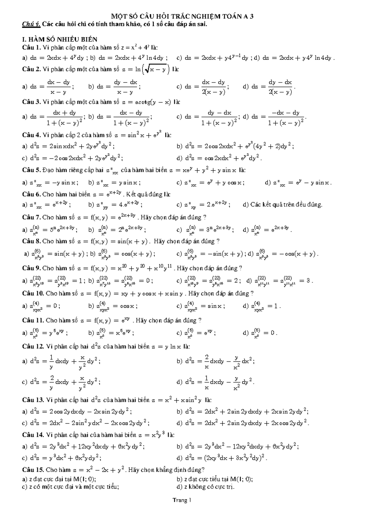 Một số câu trắc nghiệm toán A3 360884 - T S CÂU H I TR C NGHI M TOÁN A 3 Chú ý. Các câu h i ch ...