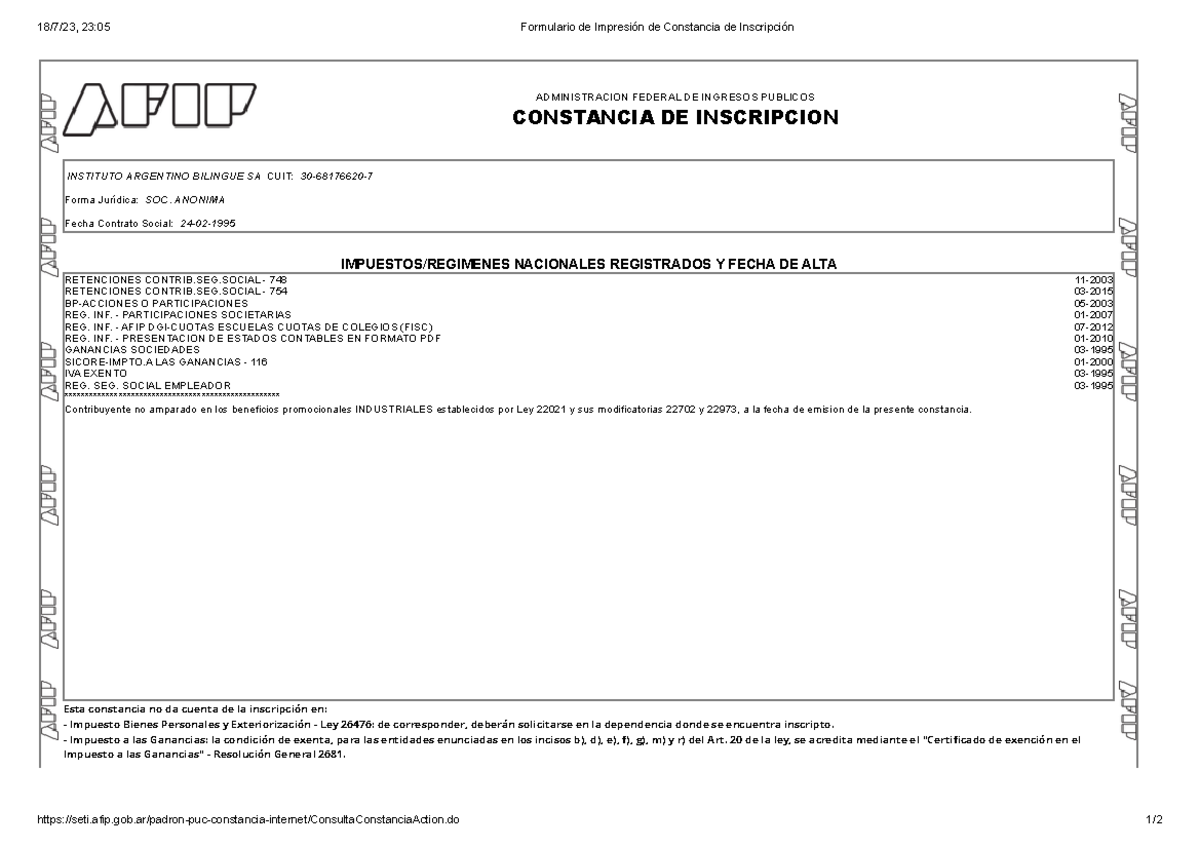 Ejemplo Constancia de Inscripcion AFIP - 18/7/23, 23:05 Formulario de ...