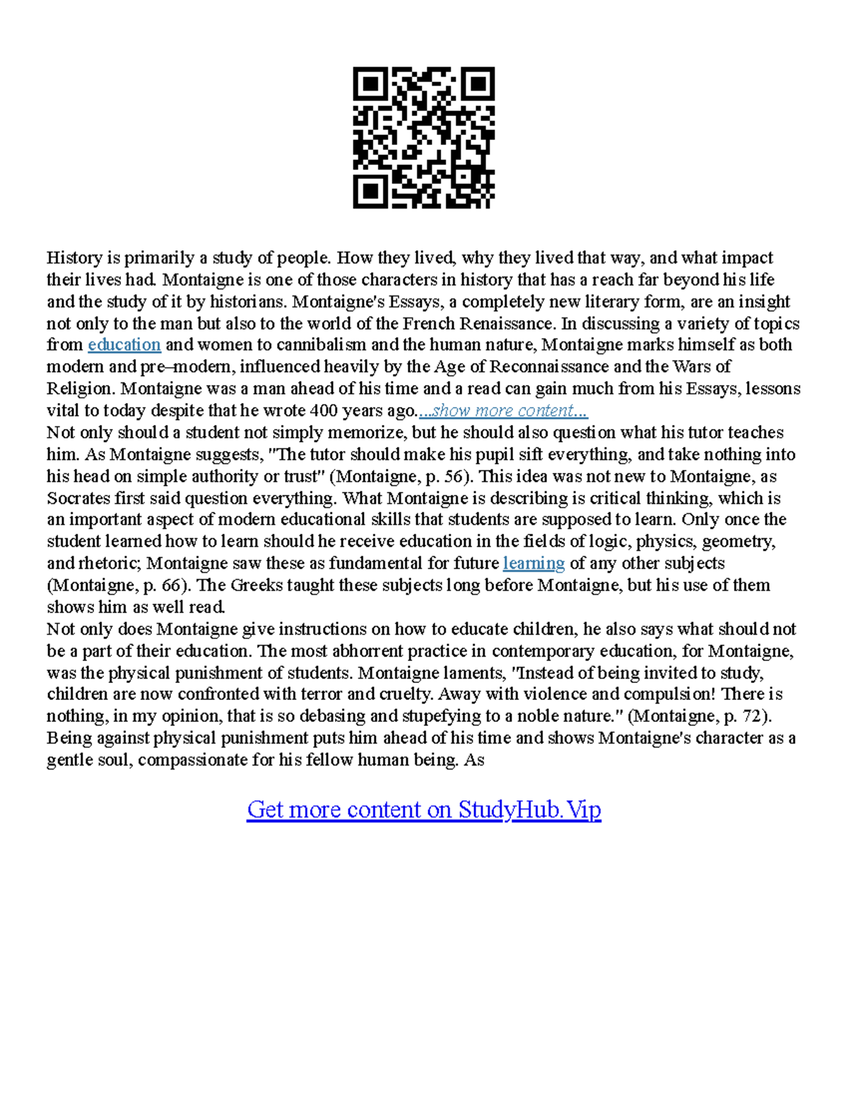 Essays Montaigne Sparknotes - History is primarily a study of people ...