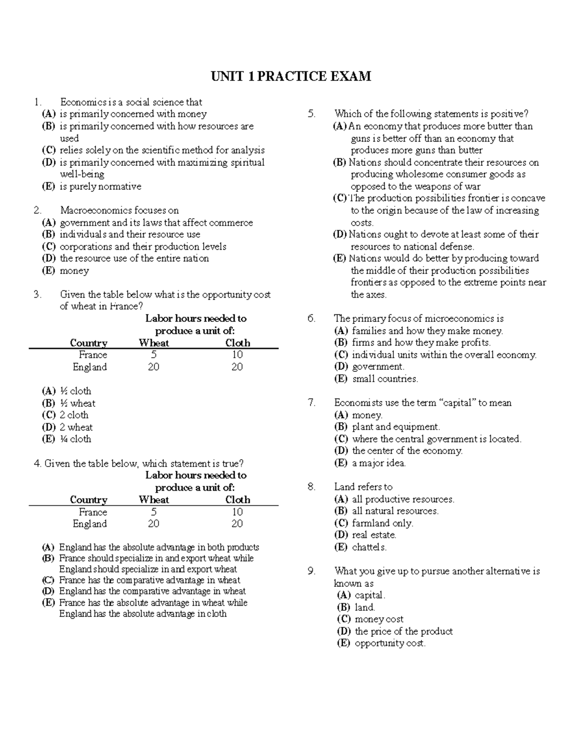 U1 Pract - u1practexam - Work - UNIT 1 PRACTICE EXAM Economics is a ...