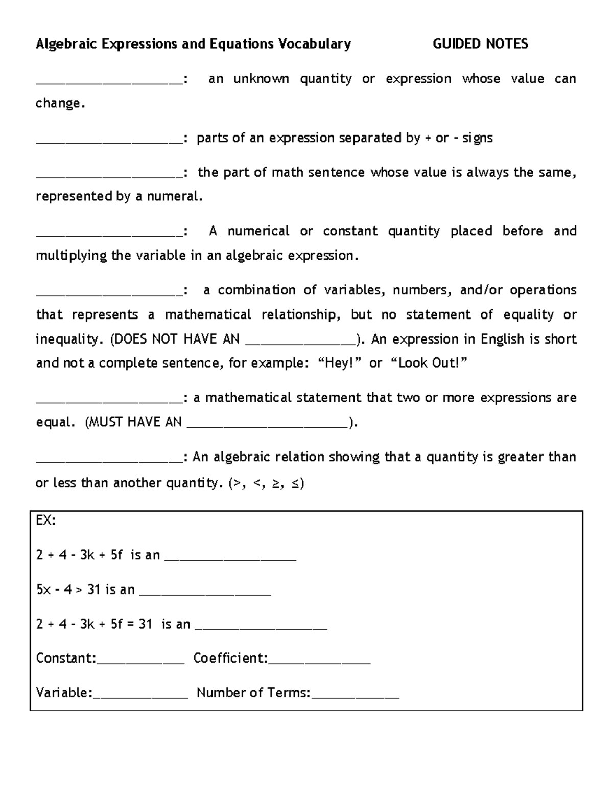 Algebraic equations and inequality - Algebraic Expressions and ...