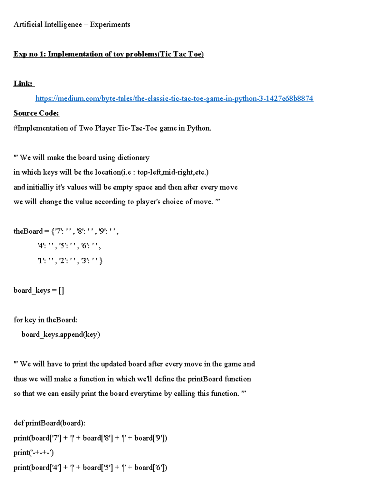 Artificial Intelligence record - Artificial Intelligence – Experiments Exp no 1: Implementation ...