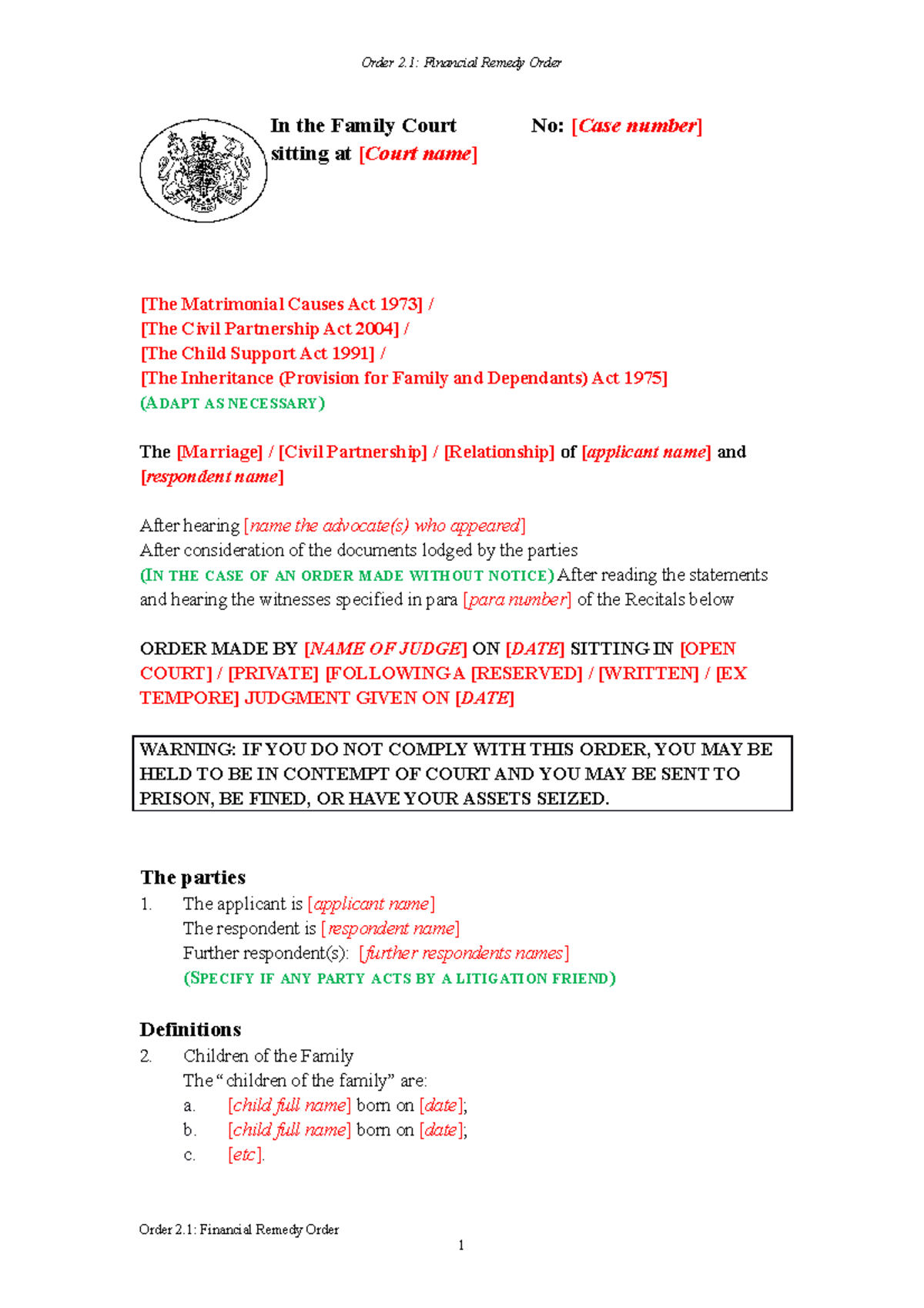Order 2.1 - Financial Remedy Order - Order 2: Financial Remedy Order In ...