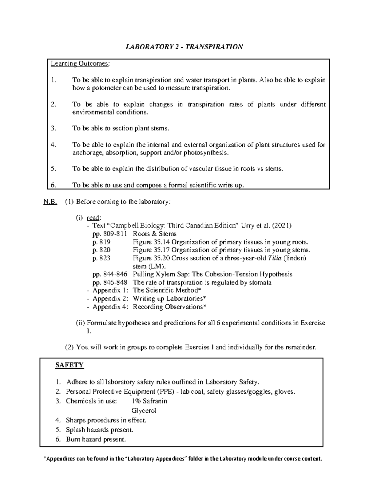 Laboratory 2 - Transpiration - LABORATORY 2 - TRANSPIRATION Learning Outcomes: To be able to ...