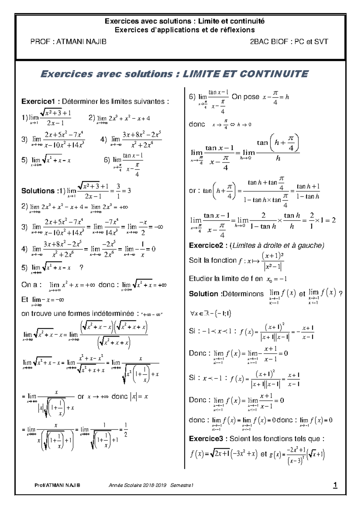 Exo math du 29:10 - Exercices avec solutions : Limite et continuité Exercices d’applications et ...