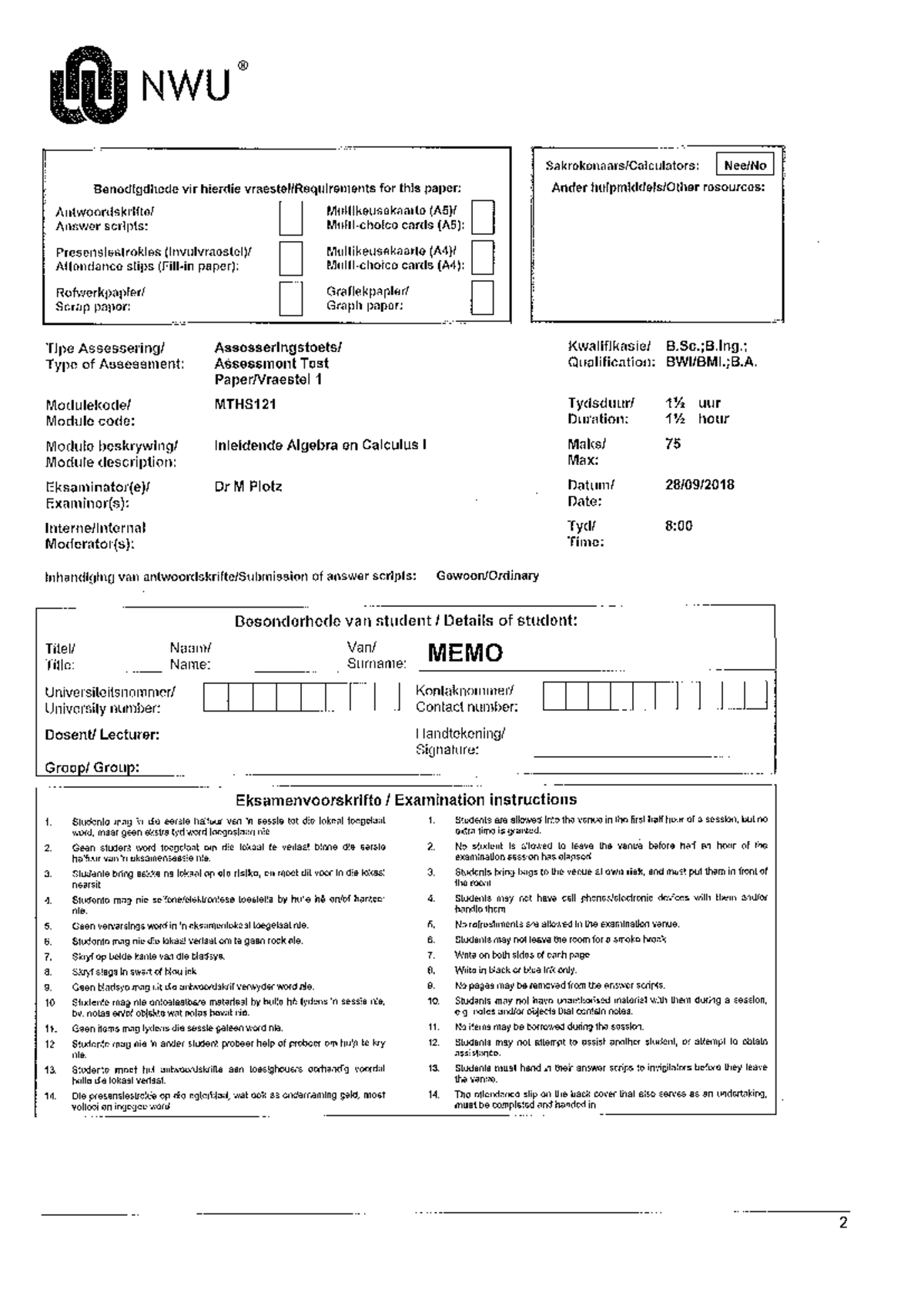 MTHS 121 EXAM 2018 - n R NWU Sakrekenaars/Calculators: Nee/No ...