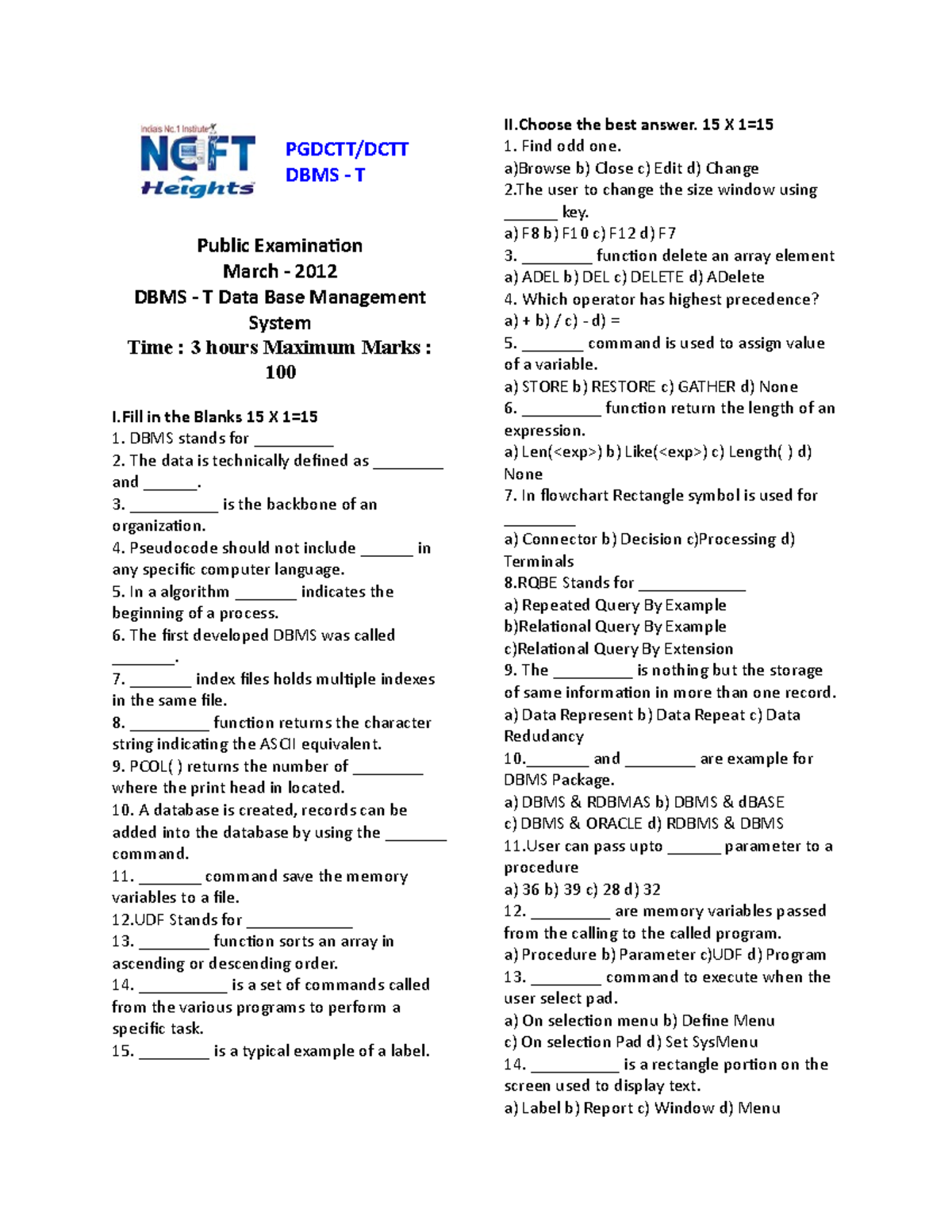Visual basic sample question paper - PGDCTT/DCTT DBMS - T Public ...
