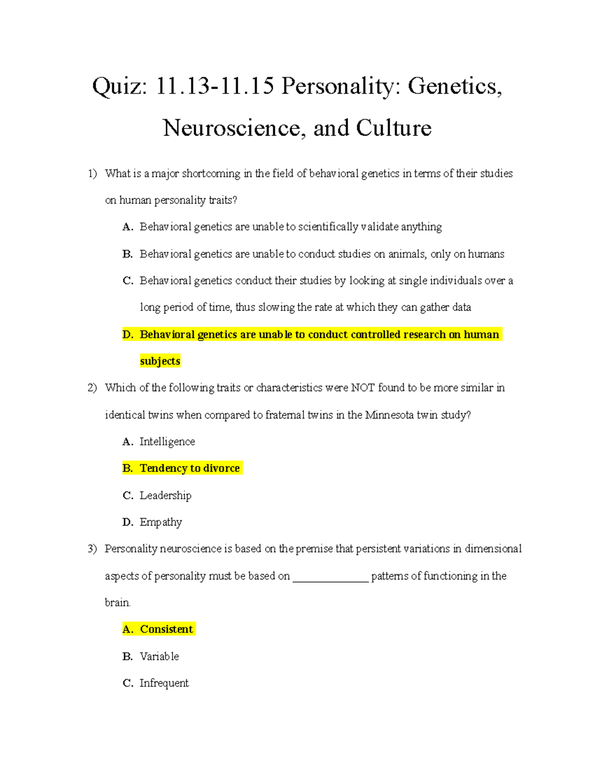 Quiz 11.13-11.15 Personality Genetics, Neuroscience, and Culture - Quiz ...