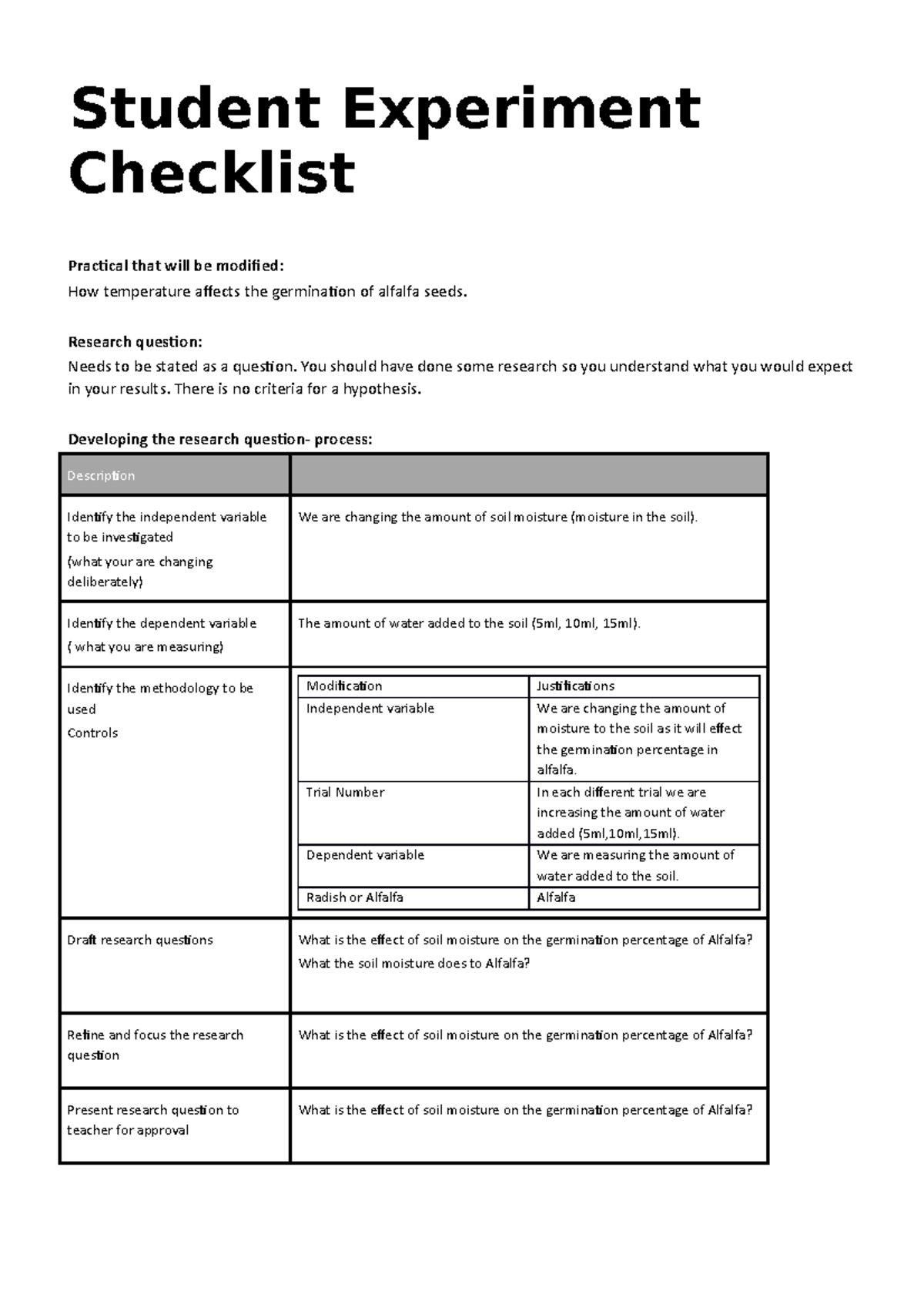 Student Experiment Checklist - Student Experiment Checklist Practical ...