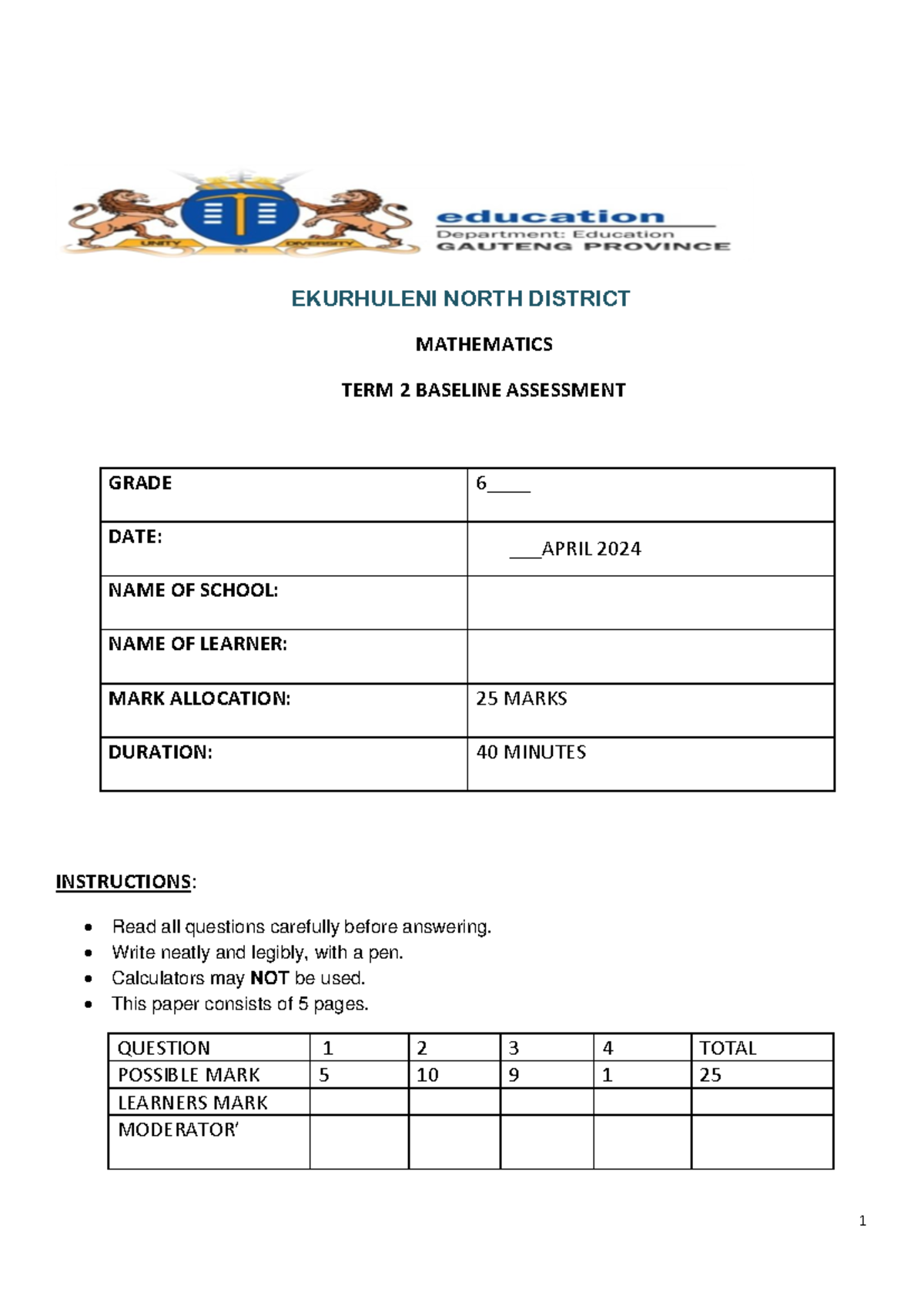 Baseline Mathematics Grade 6-Term 2 2024 Q & M - EKURHULENI NORTH ...