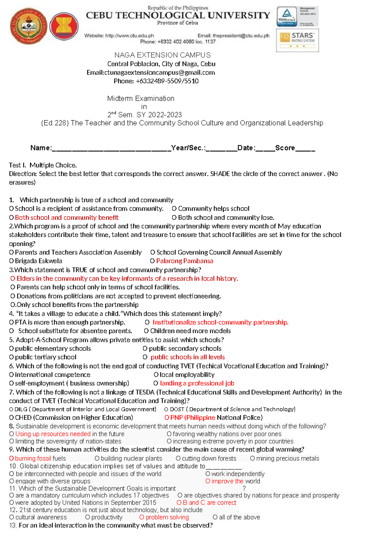 2023- Midterm -EXAM EDUC - NAGA EXTENSION CAMPUS Central Poblacion ...