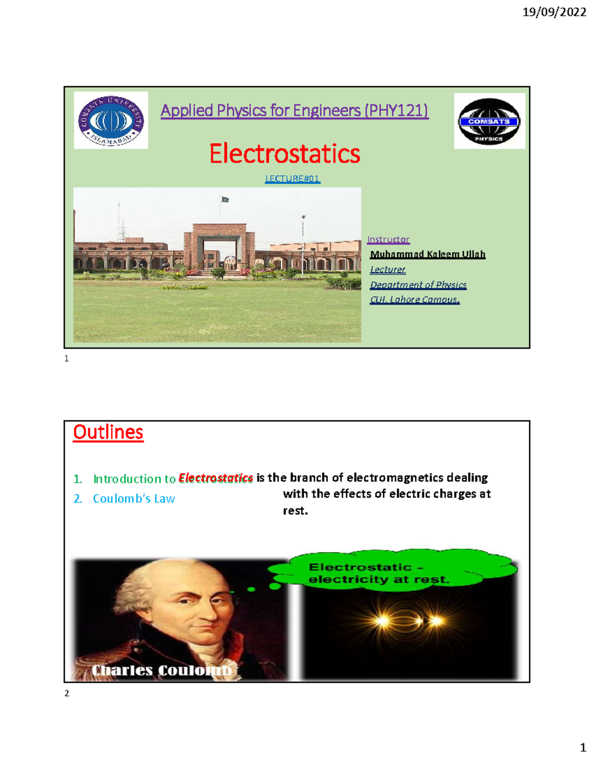 Lec-1 Electrostatics Coulombs Law - Electrostatics LECTURE# Instructor ...