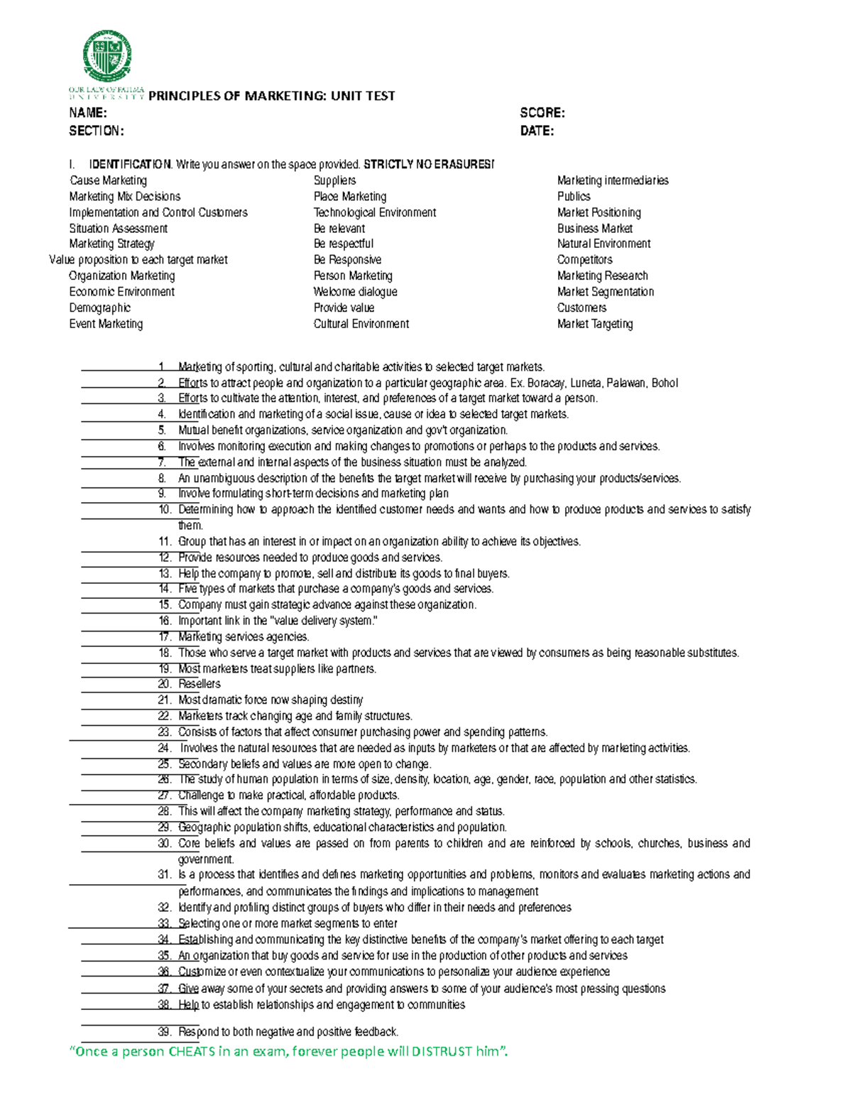TEST 10 August 2018, questions - PRINCIPLES OF MARKETING: UNIT TEST ...