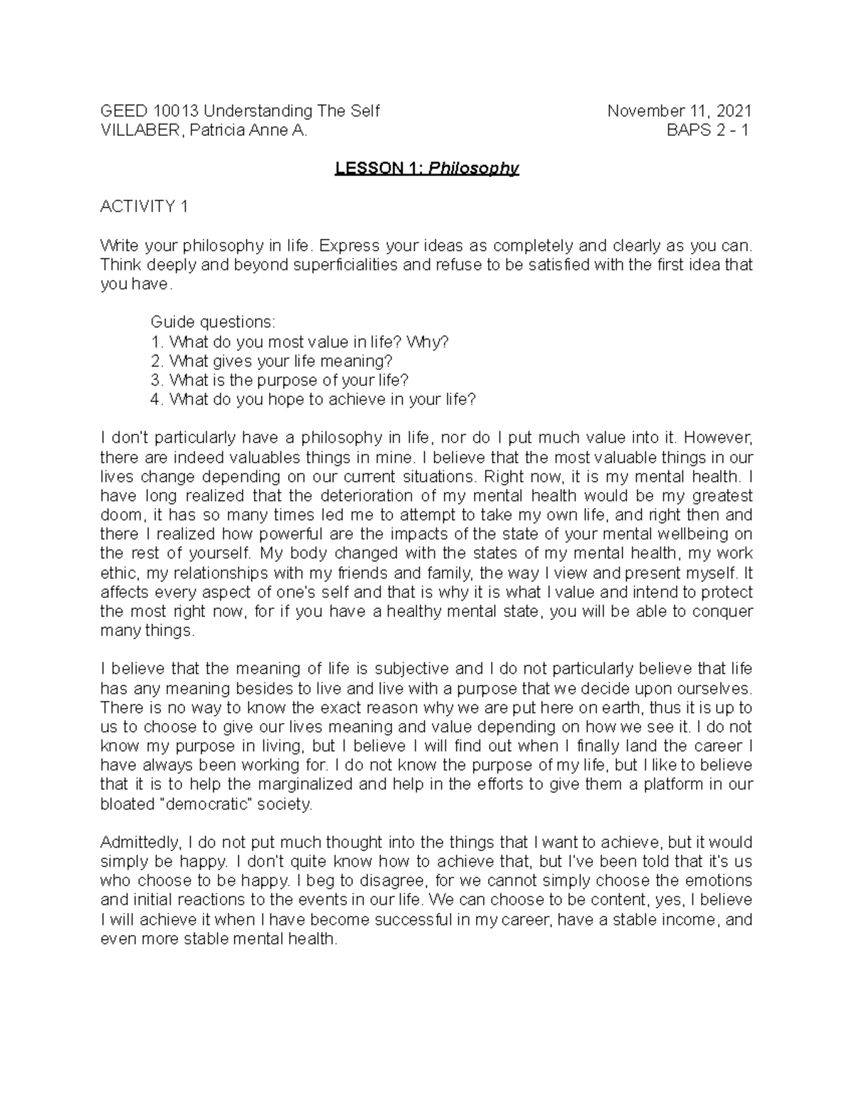 PUP UTS Lesson 1: Philosophy Assignment - GEED 10013 Understanding The ...