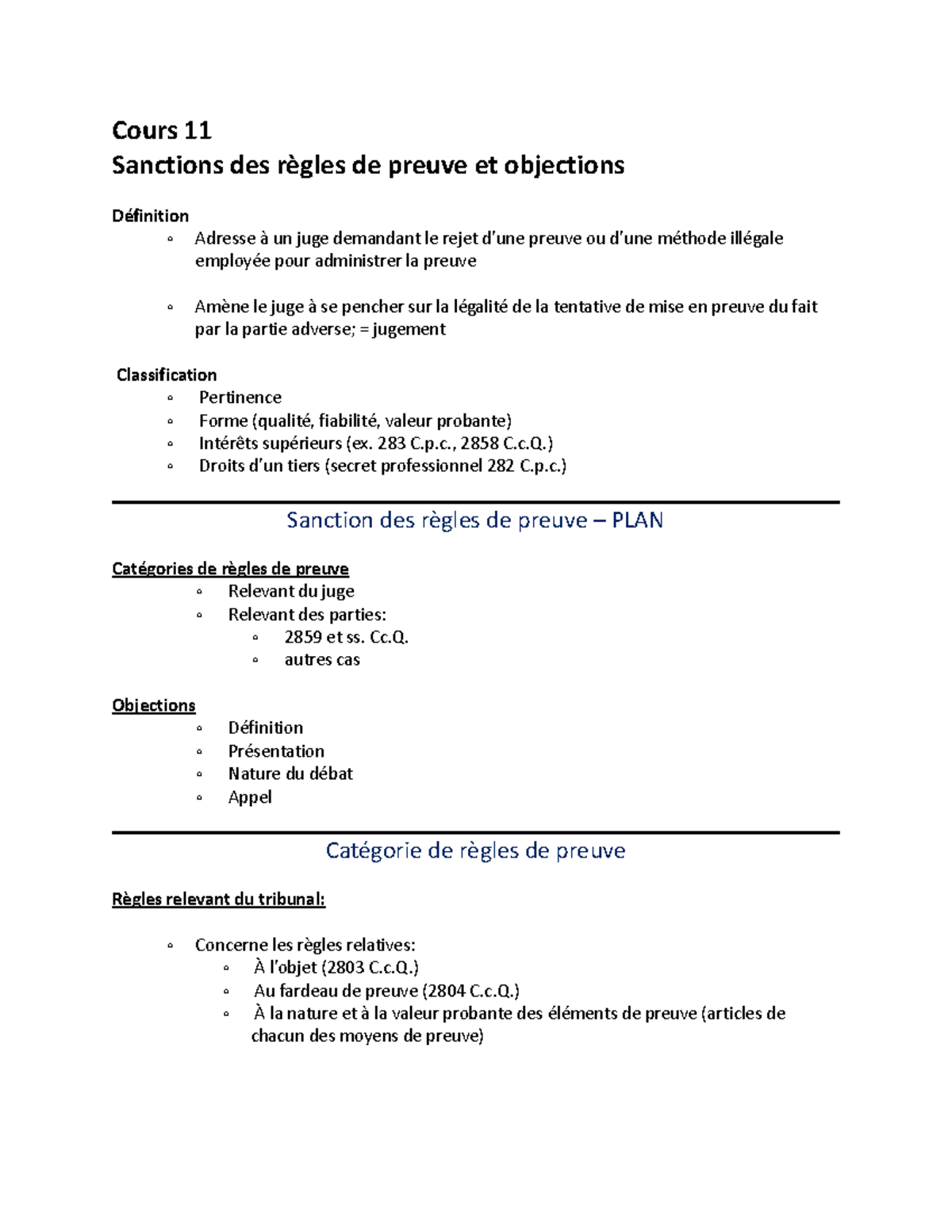Cours 11 - Preuve civile - Cours 11 Sanctions des règles de preuve et ...