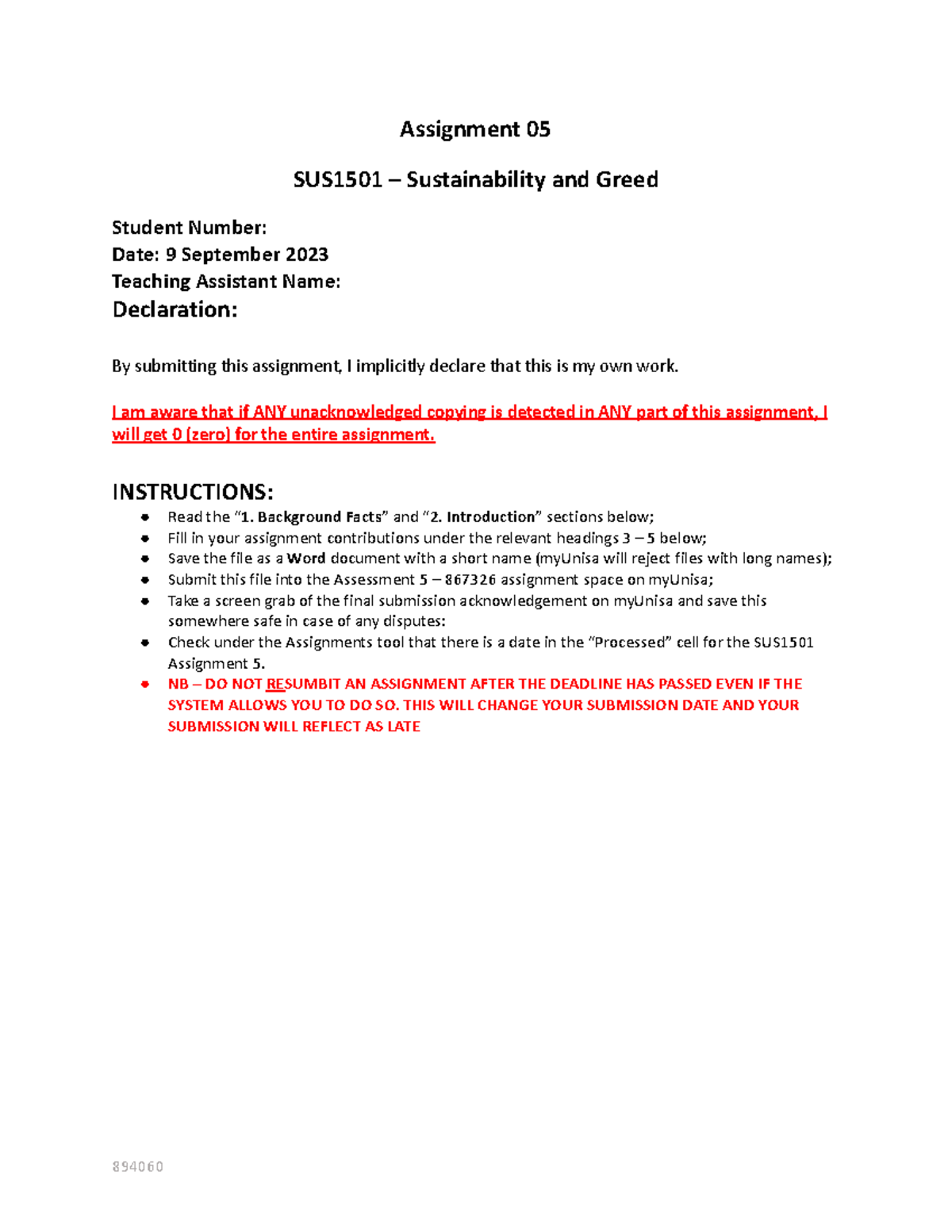 Assessment 5 - Sustainability and greed (sus1501) - Assignment 05 ...