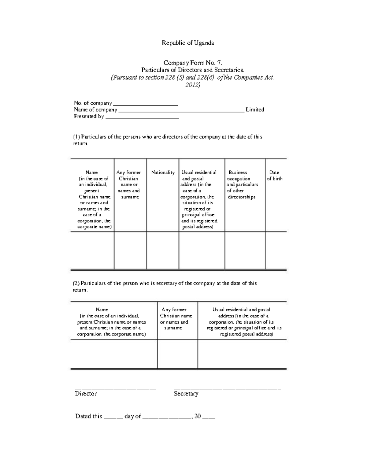 Particulars of directors and secretaries - Republic of Uganda Company ...