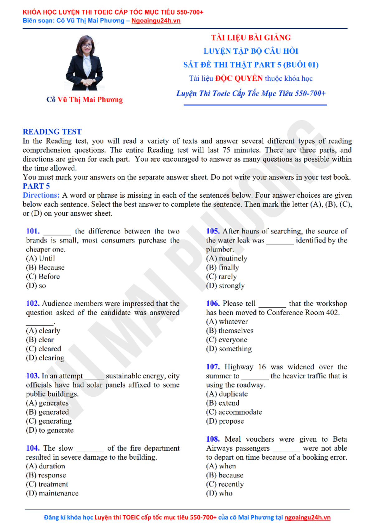 Part5 - Toeic - Tiếng Anh tăng cường - Studocu