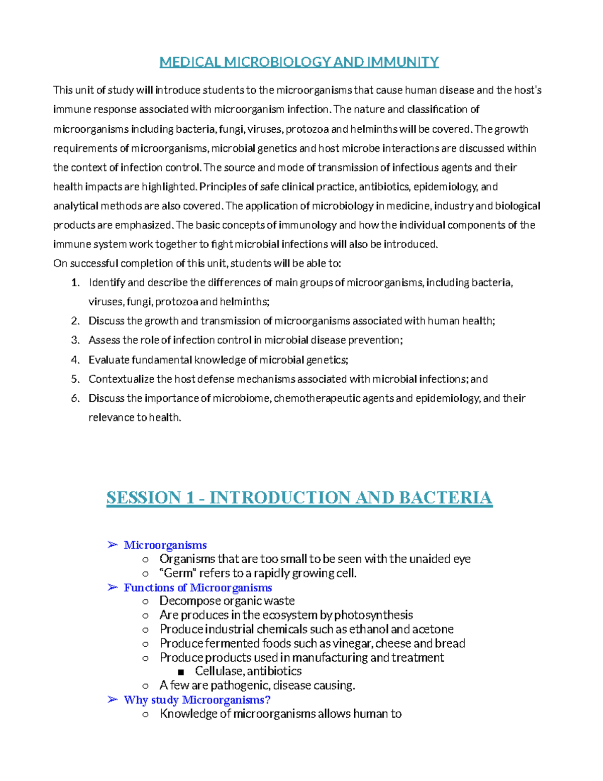 HBM2105 notes - MEDICAL MICROBIOLOGY AND IMMUNITY This unit of study ...