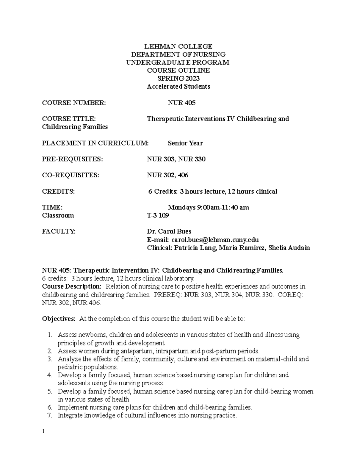 NUR 405 Syllabus Spring 2023 1 - LEHMAN COLLEGE DEPARTMENT OF NURSING ...