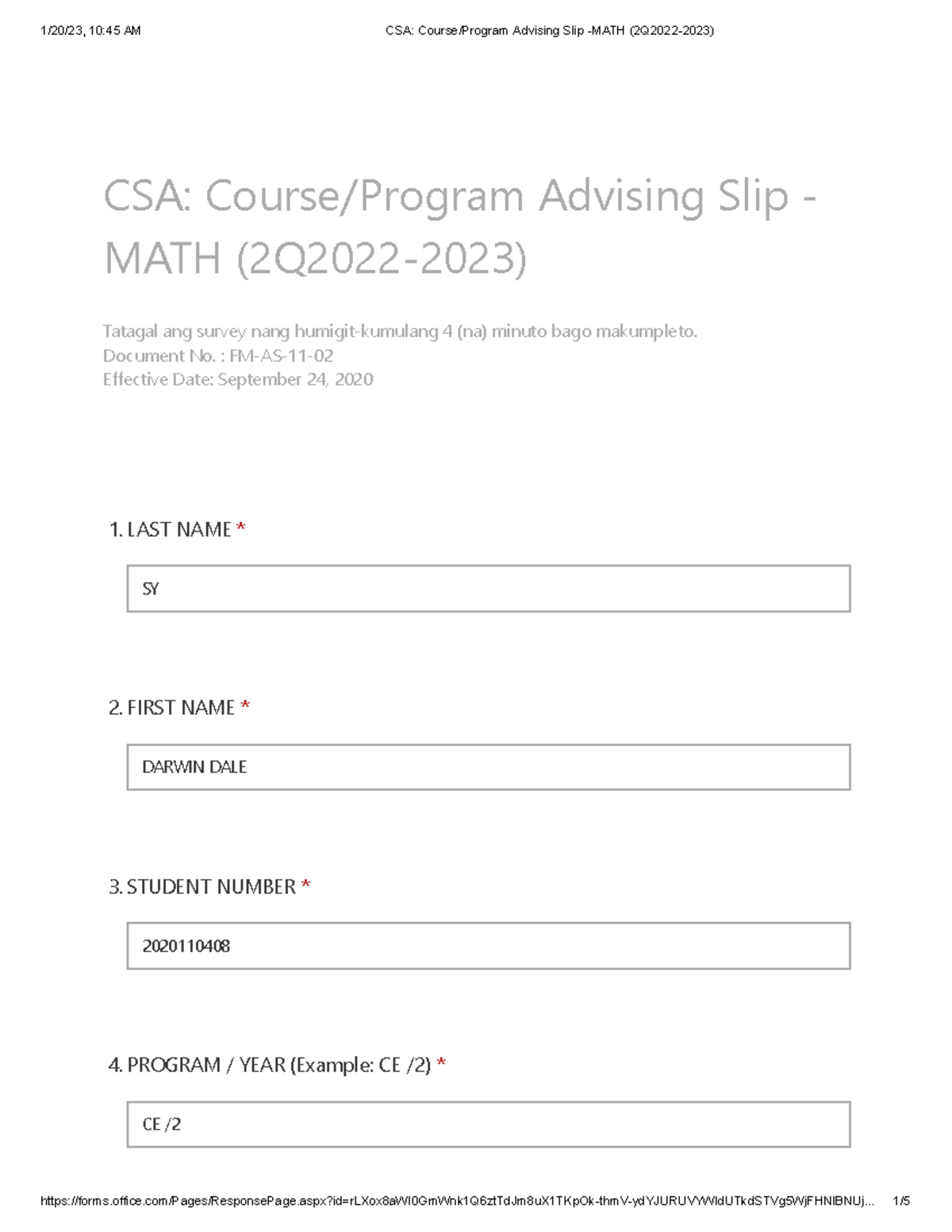 CSA Course Program Advising Slip -MATH (2Q2022-2023) - CSA: Course ...