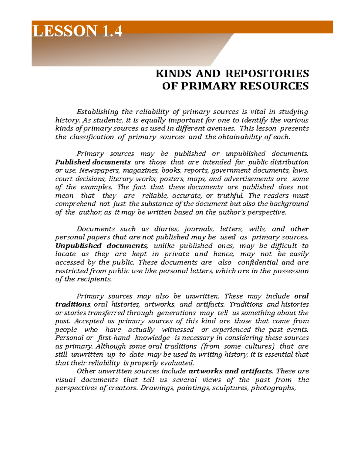 Lesson Content and Activities for Lesson 1 - KINDS AND REPOSITORIES OF ...