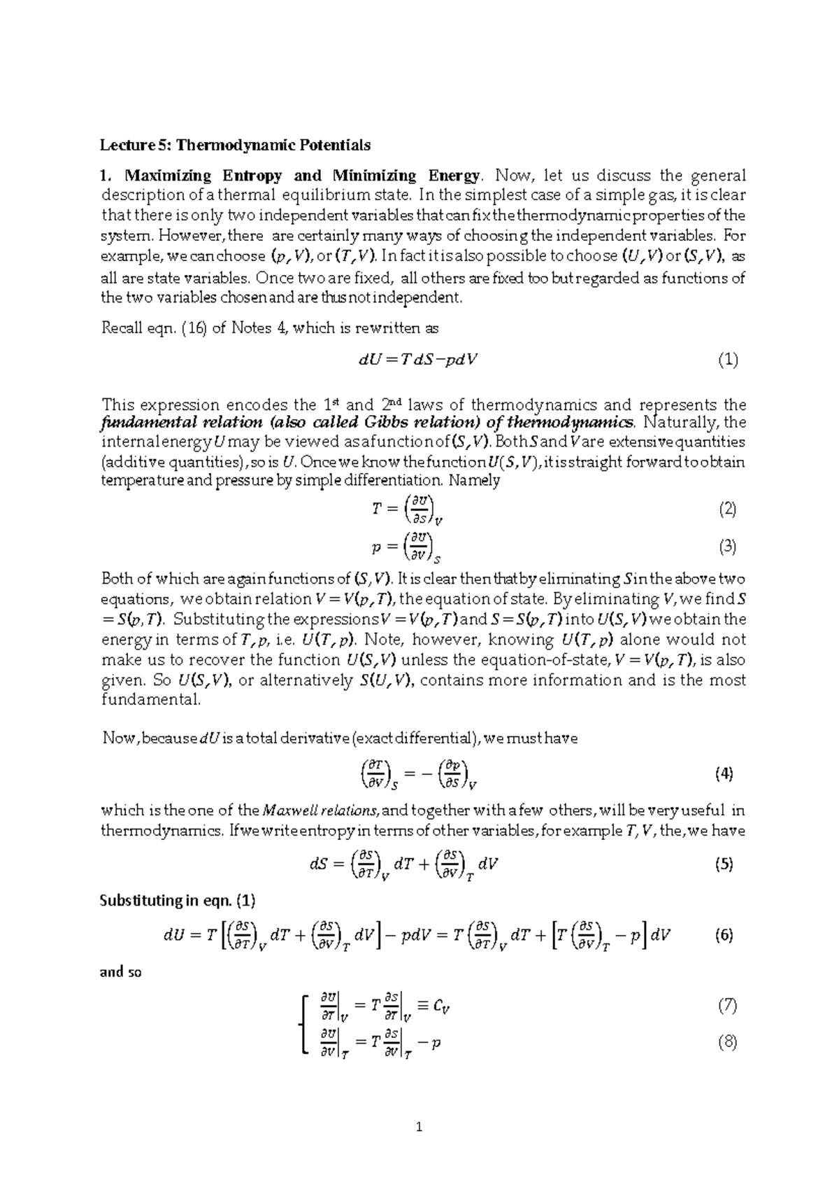 P Lec05 - 1234 - Lecture 5: Thermodynamic Potentials Maximizing Entropy and Minimizing Energy ...