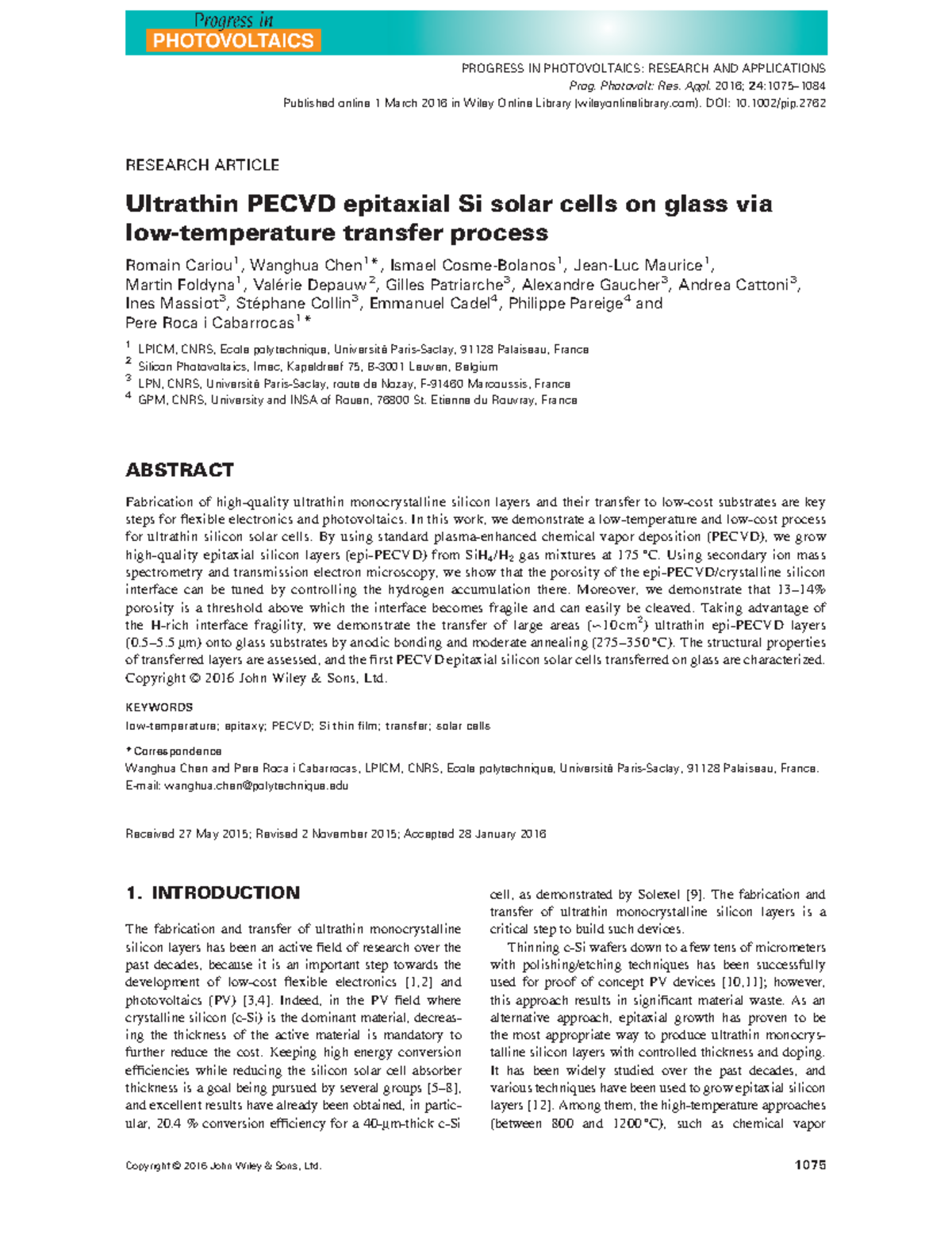 Progress in Photovoltaics - 2016 - Cariou - Ultrathin Pecvd epitaxial ...