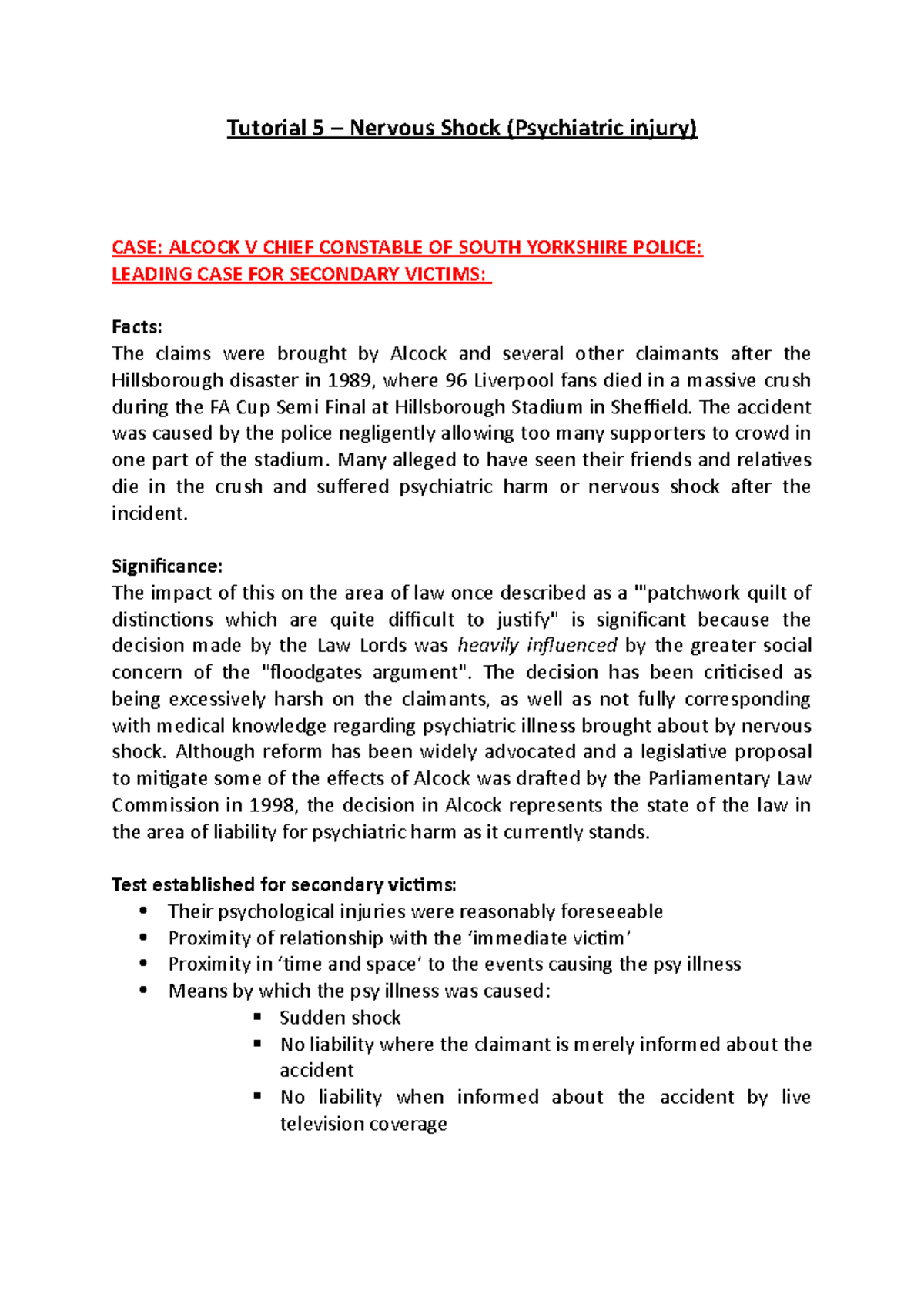 Tort – Nervous Shock Seminar - Tutorial 5 – Nervous Shock (Psychiatric ...