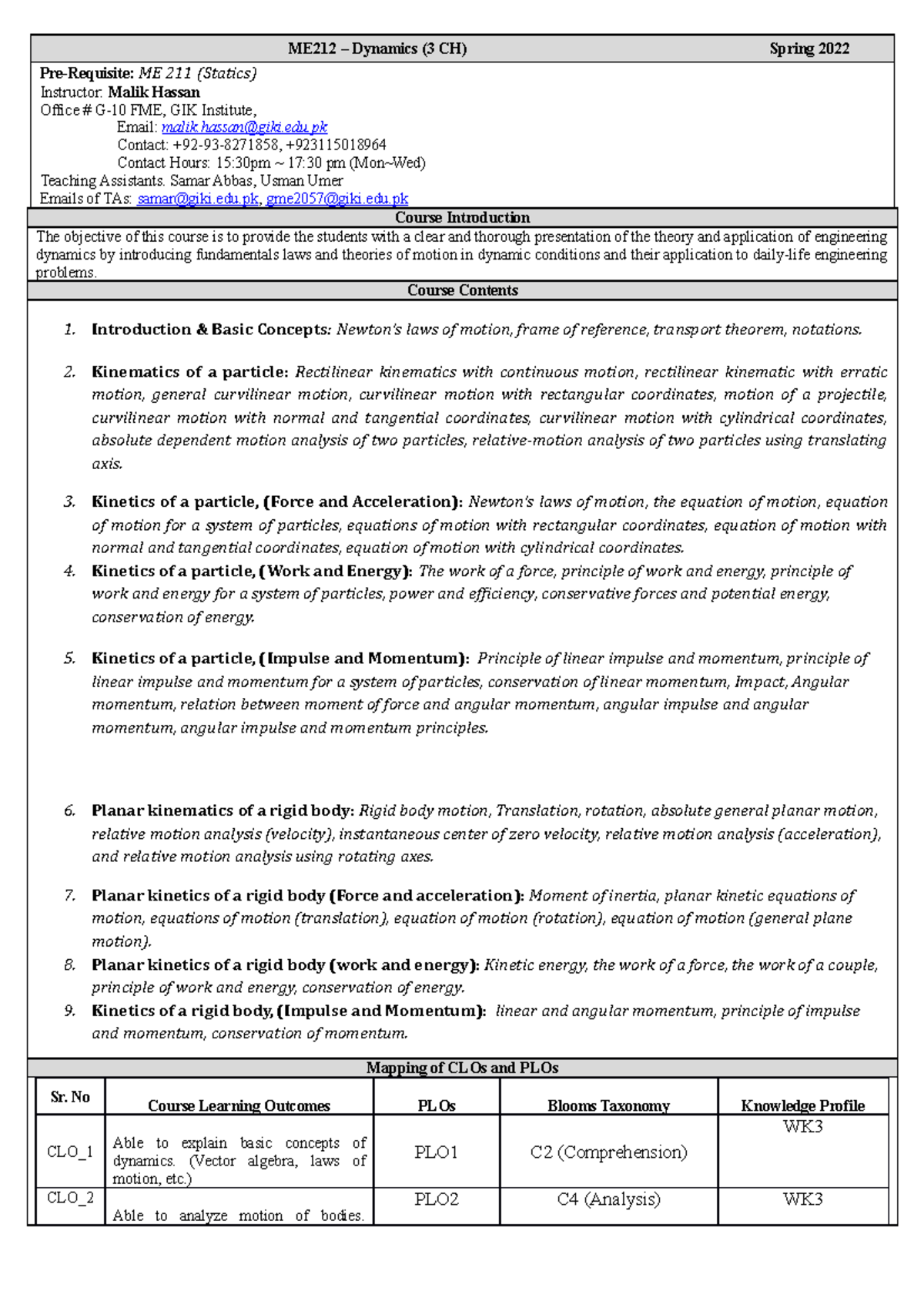 ME-212, Dynamics-Course Outline (Spring 2022) - ME212 – Dynamics (3 CH ...