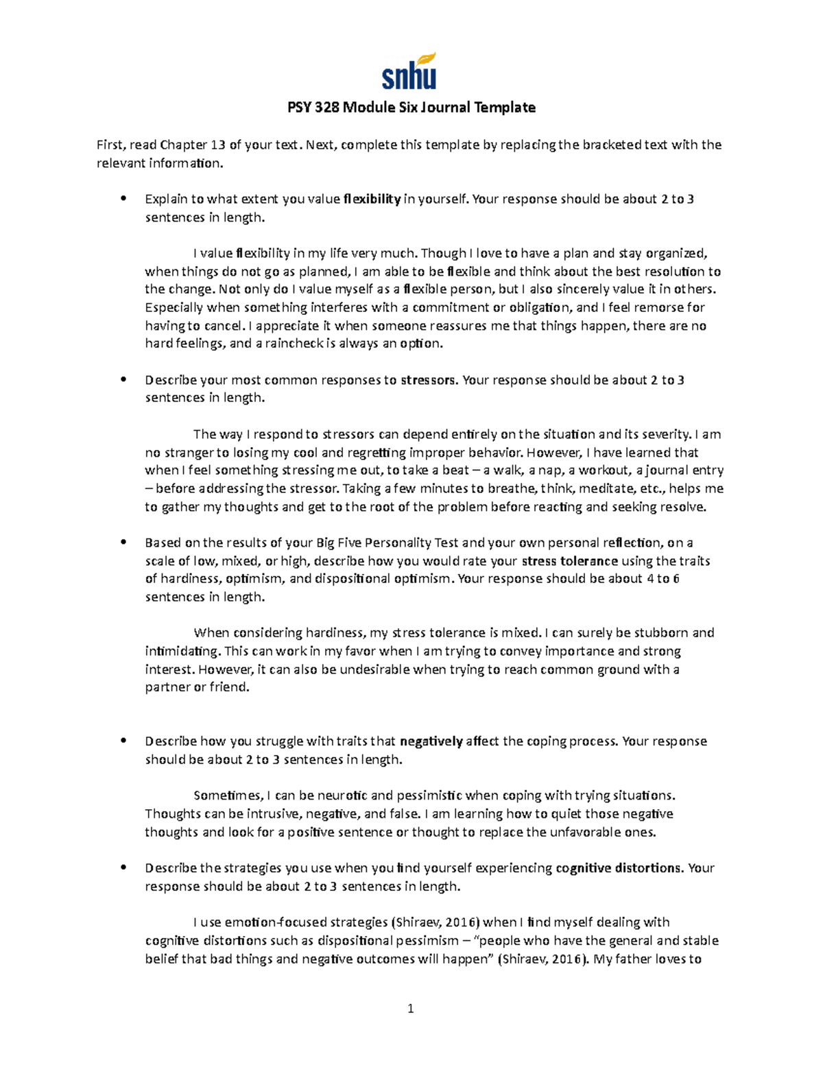 PSY 328 Module Six Journal - Next, complete this template by replacing the bracketed text with ...