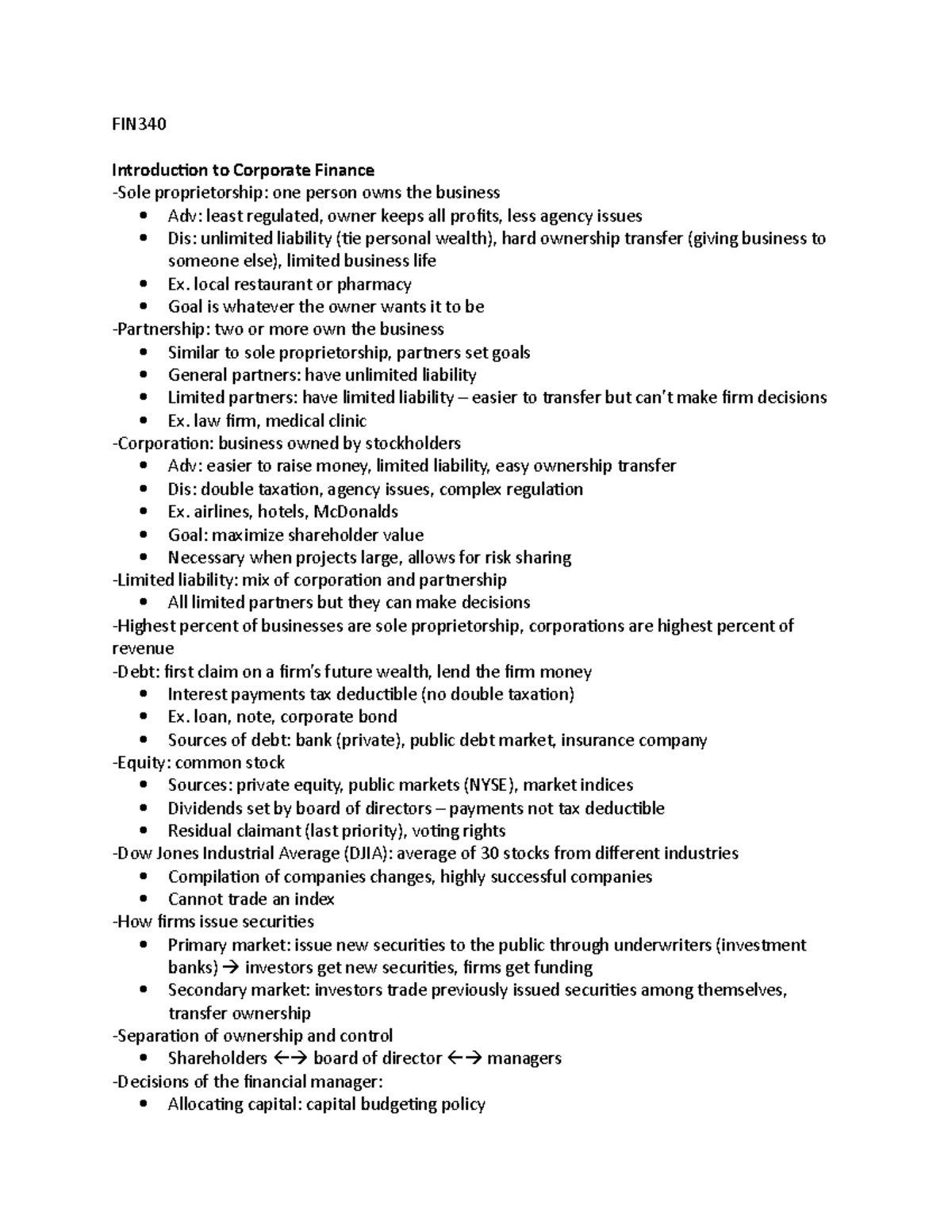 FIN 340 Review guide for exam 1 - FIN Introduction to Corporate Finance ...