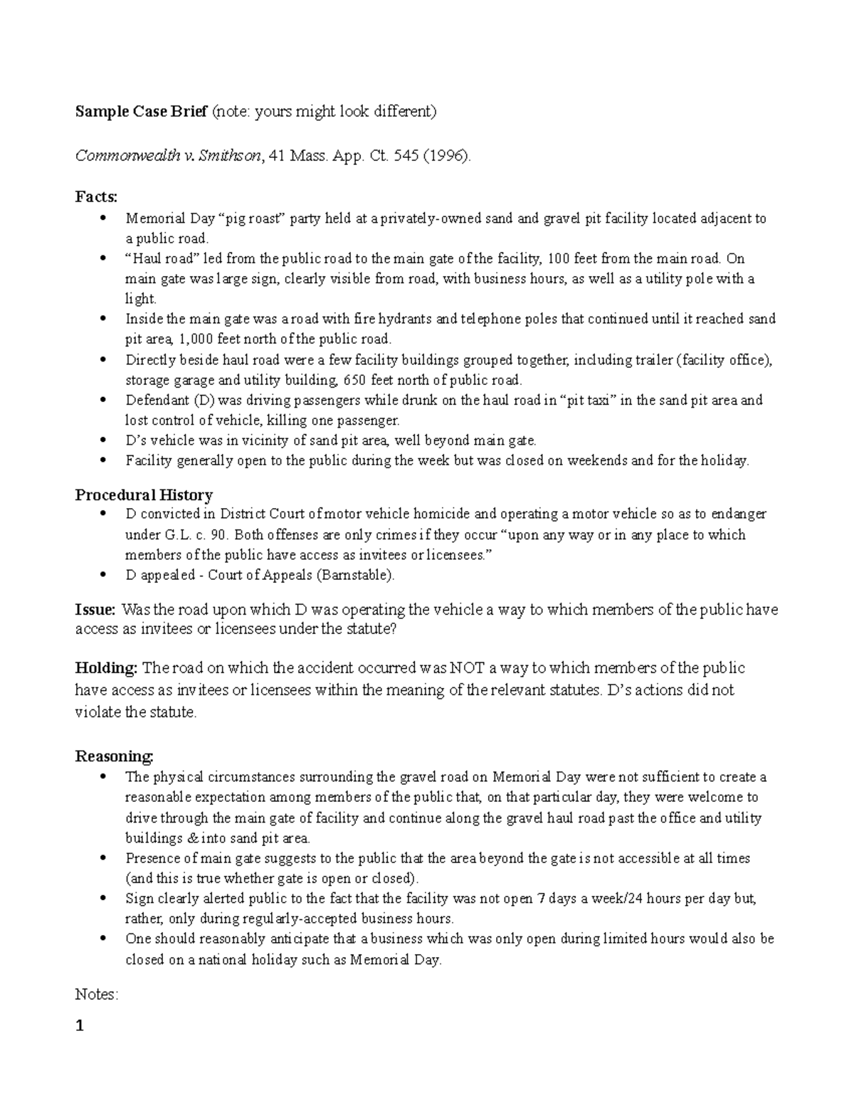 Smithson - Sample Brief - Sample Case Brief (note: yours might look ...
