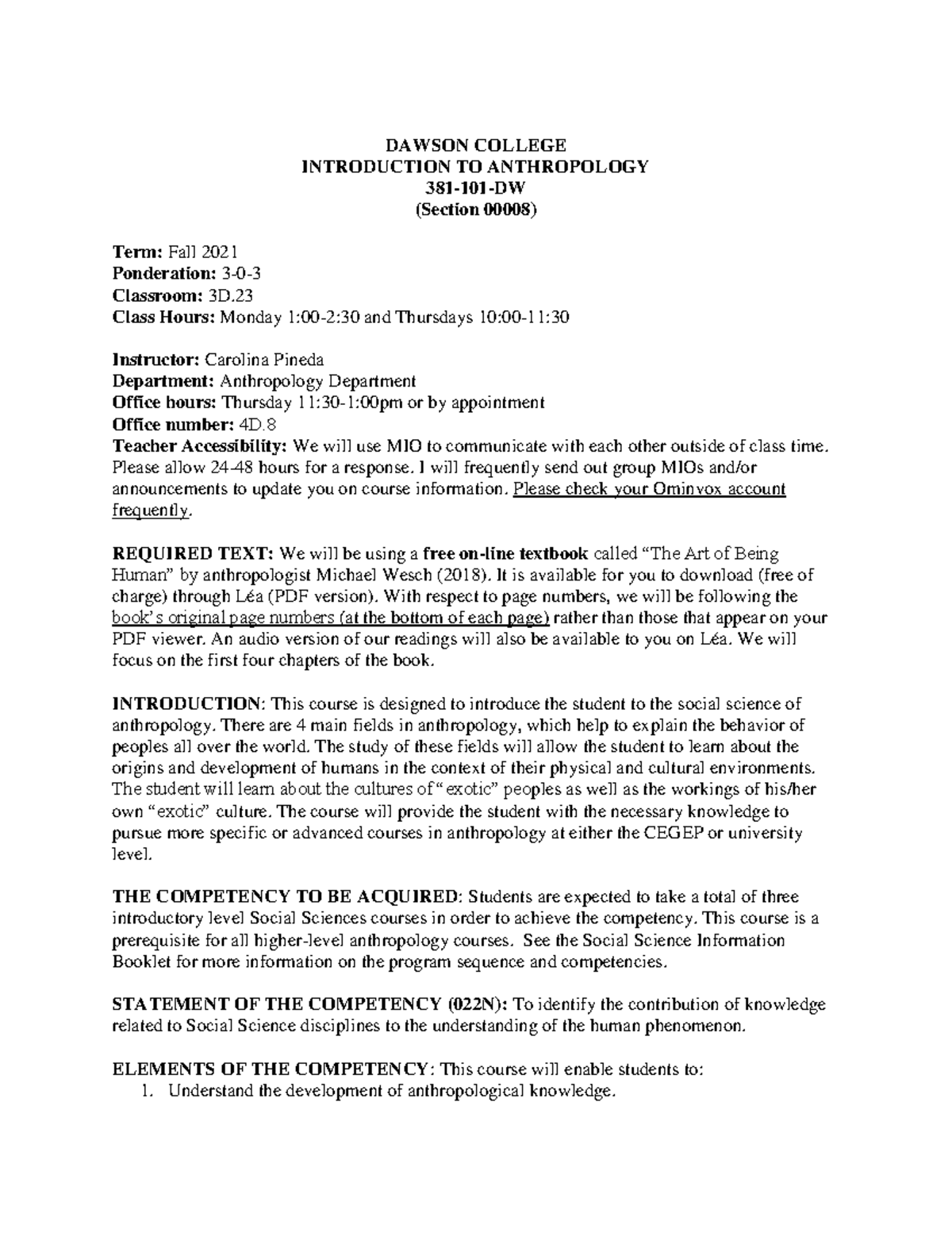 Introduction to Anthropology Course Outline - DAWSON COLLEGE ...