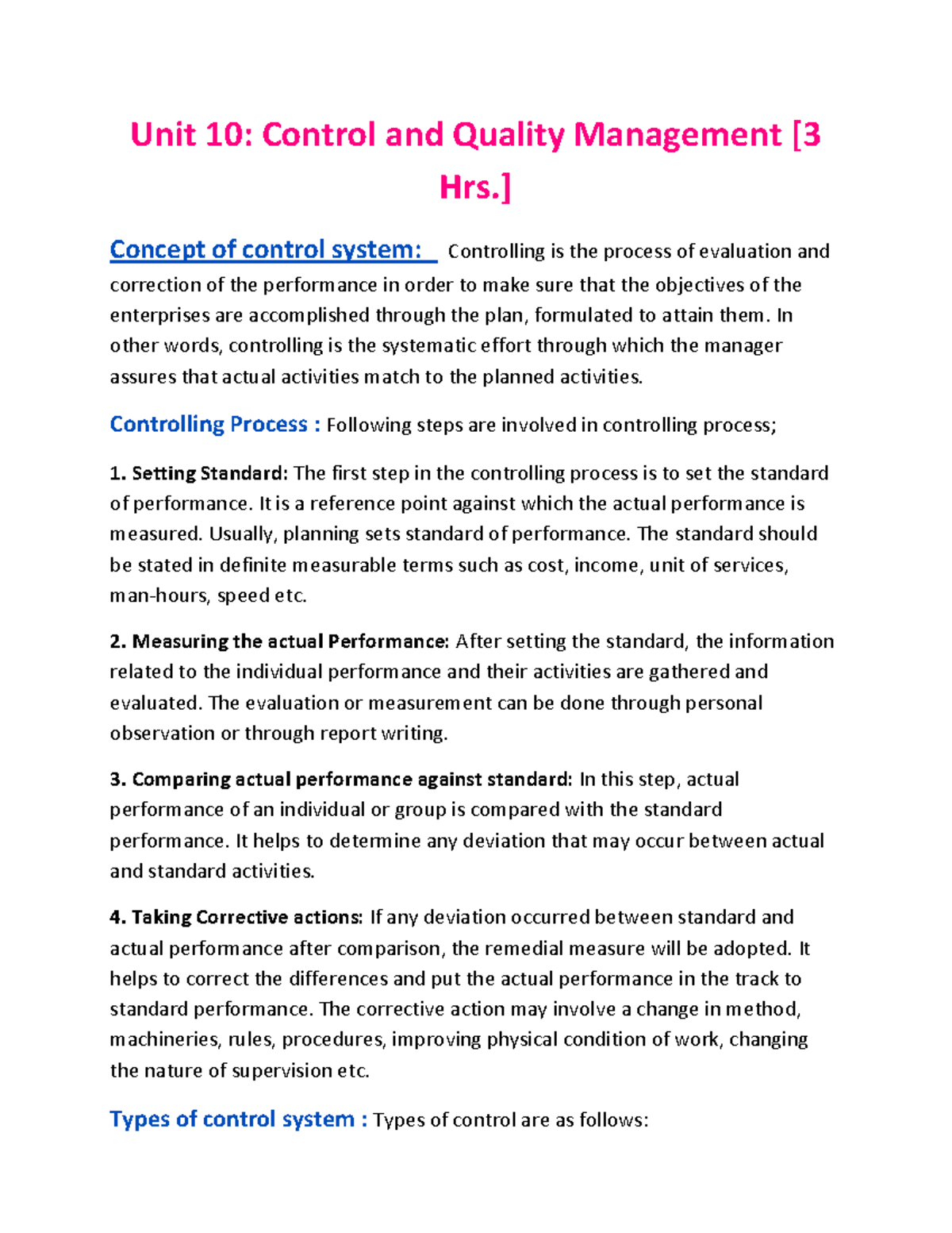 POM Unit-10 - POM Unit-10 - Unit 10: Control and Quality Management [ Hrs.] Concept of control ...