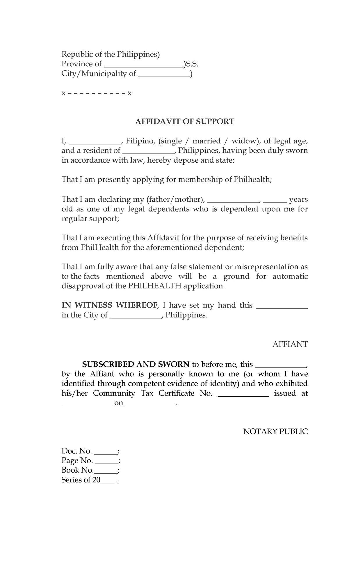 Affidavit of Support - for Phil Health - Republic of the Philippines ...