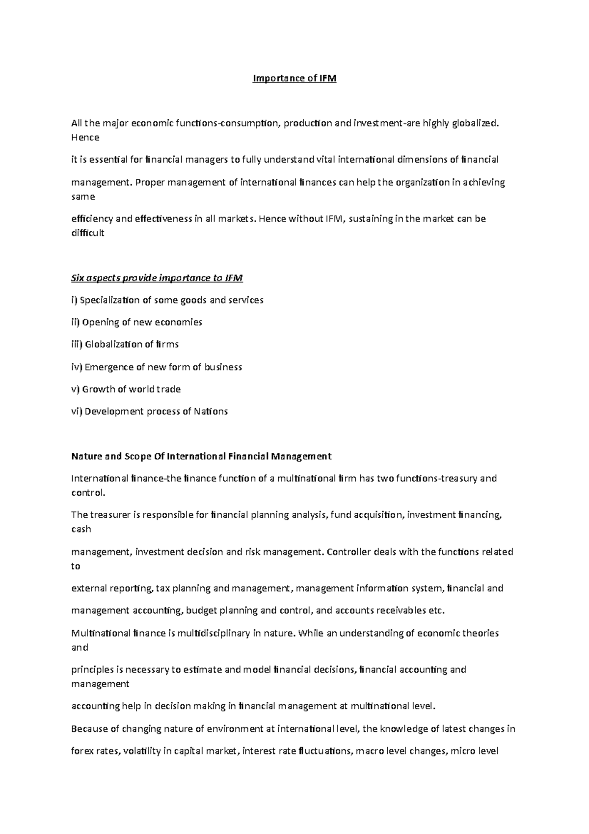 Ifm 2 - Short note - Importance of IFM All the major economic functions ...