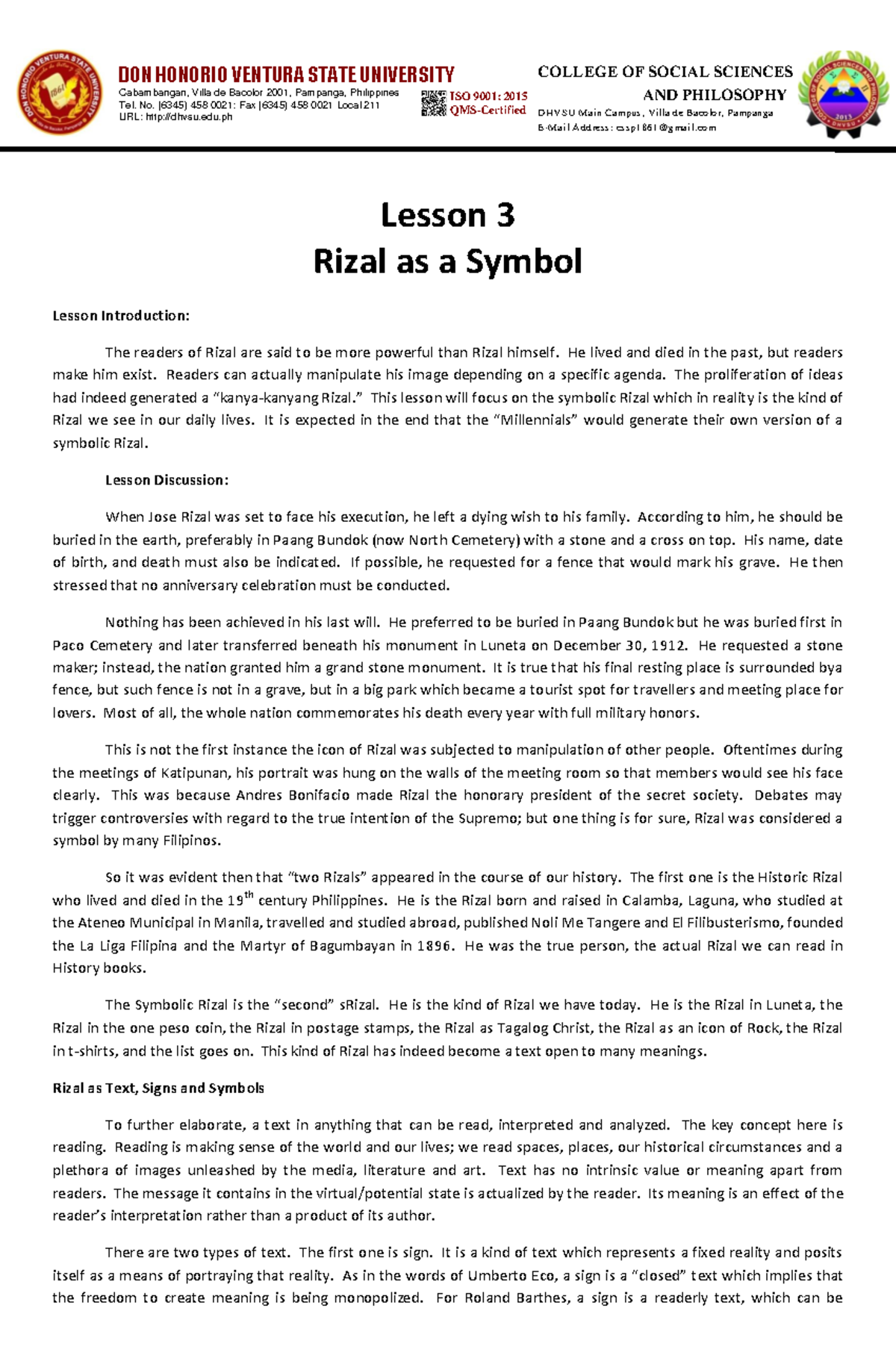 Rizal As A Symbol Lecture Notes 2 Rizal s Life And Works DHVSU