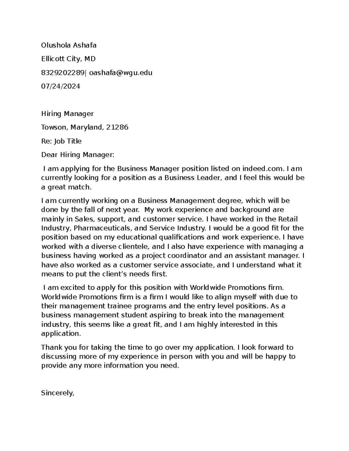 Cover letter sample wgu - Olushola Ashafa Ellicott City, MD 8329202289 ...