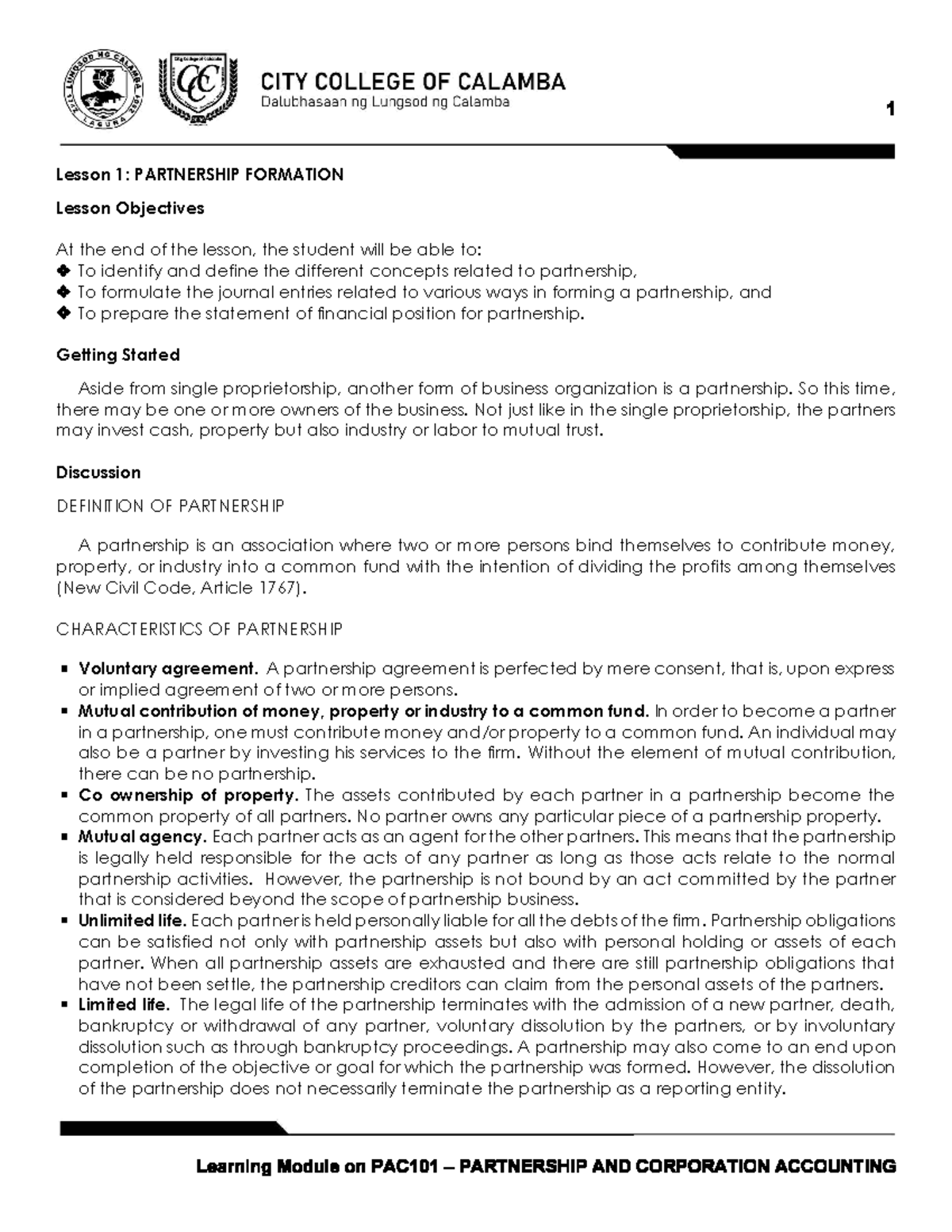 Partnership Formation - Lesson 1: PARTNERSHIP FORMATION Lesson ...