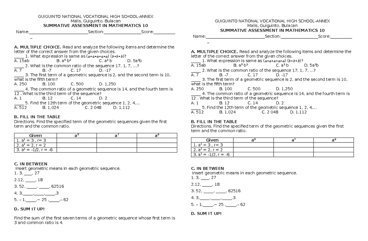 Math 10 Summative#2 - Geometric sequence - GUIGUINTO NATIONAL ...